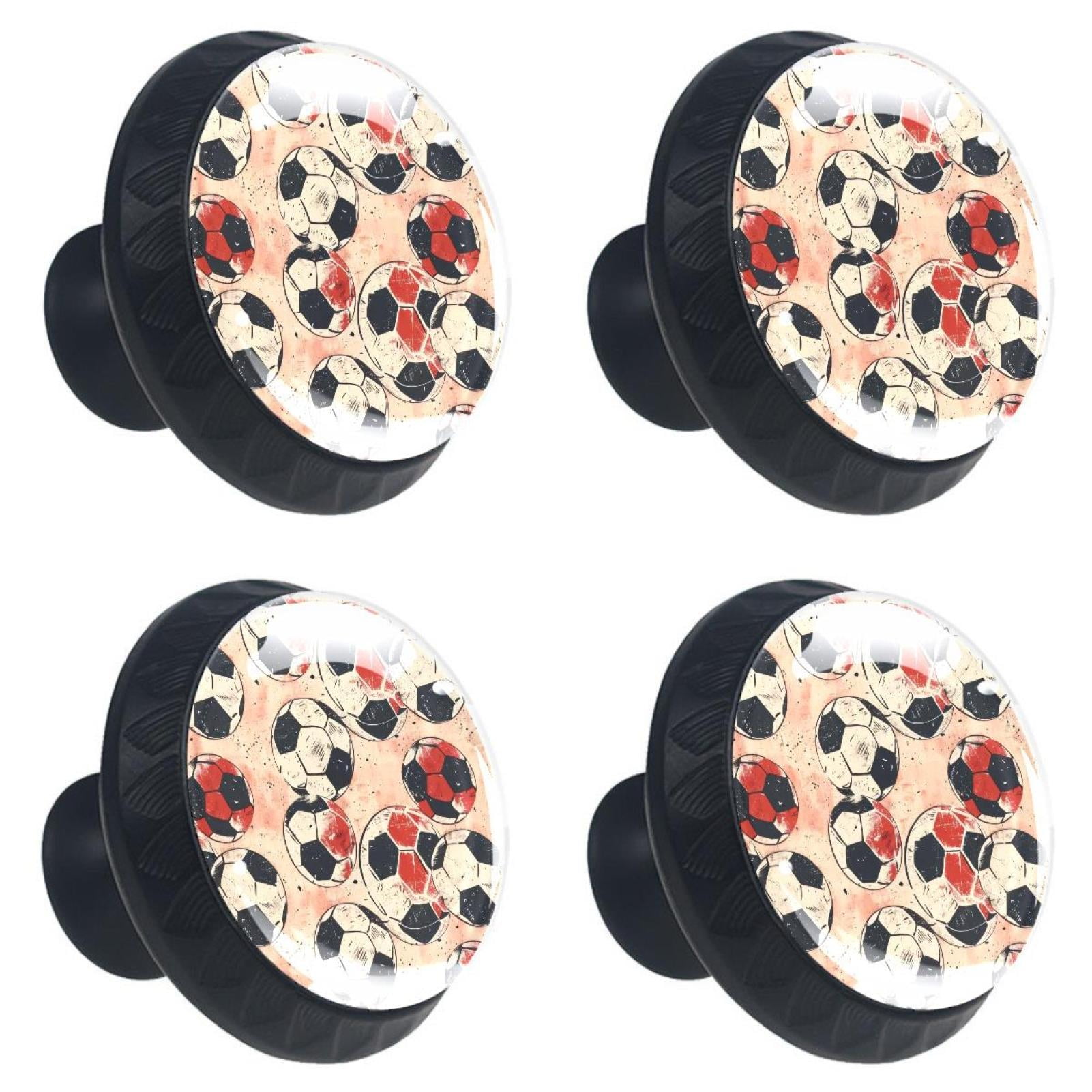4 Pcs Black Red Football Print Cabinet Knobs 30mm Round Crystal Glass ...