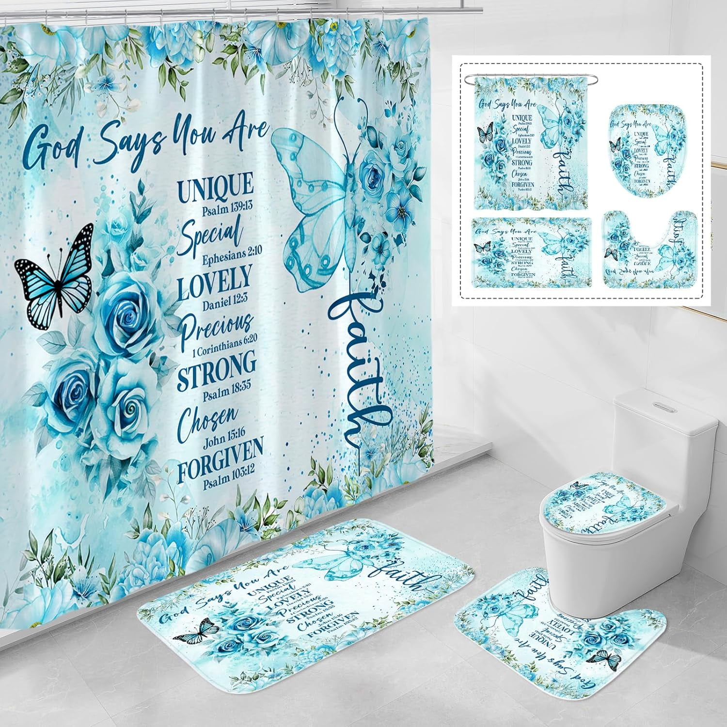 4 Pcs Blue Butterfly Inspirational Quotes Shower Curtain Set with Rugs ...