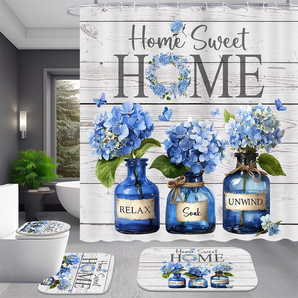 4 Pcs Blue Hydrangea Shower Curtain Sets Home Sweet Bathroom Set with ...