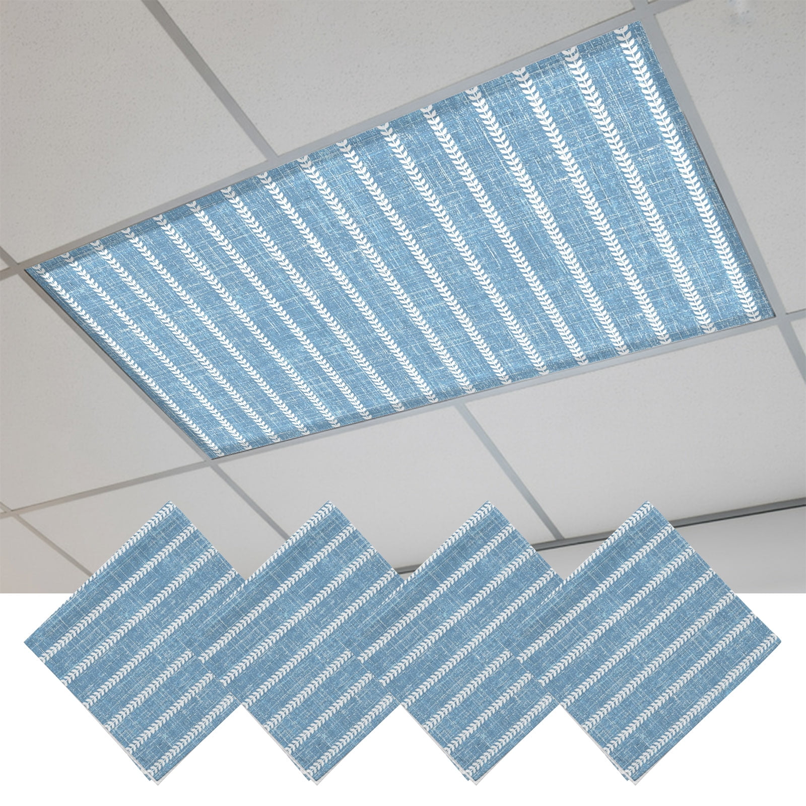 4 Pcs Blue Leaf Stripe Fluorescent Light Covers Country Vintage Rustic ...