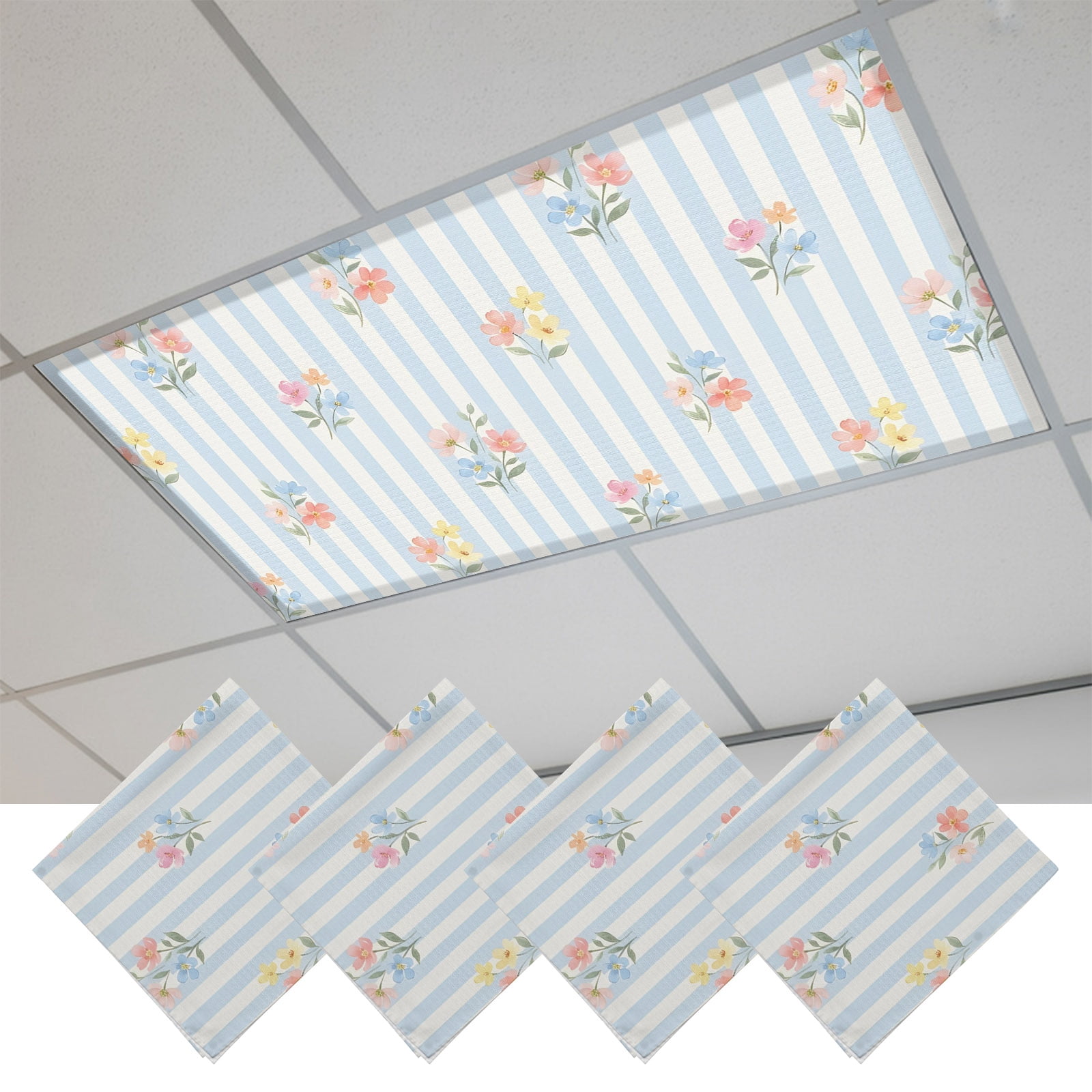 4 Pcs Blue Pink Yellow Floral Fluorescent Light Covers Blue Stripes ...