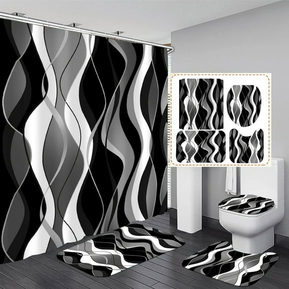 4 Pcs Blue and Black Gradient Shower Curtain Set with Rugs and Toilet ...