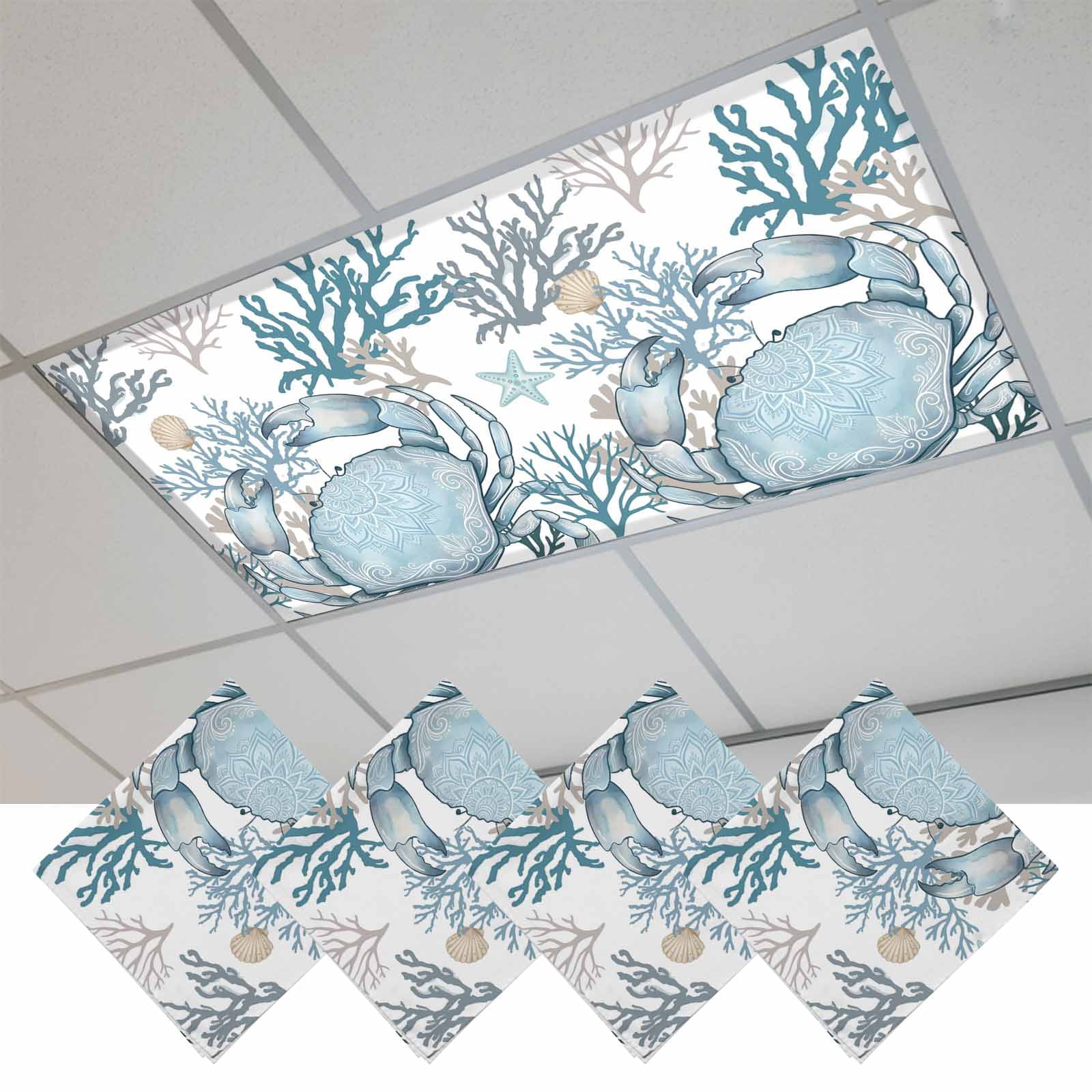 4 Pcs Boho Coastal Crab Fluorescent Light Covers Blue Gray Shell Coral ...