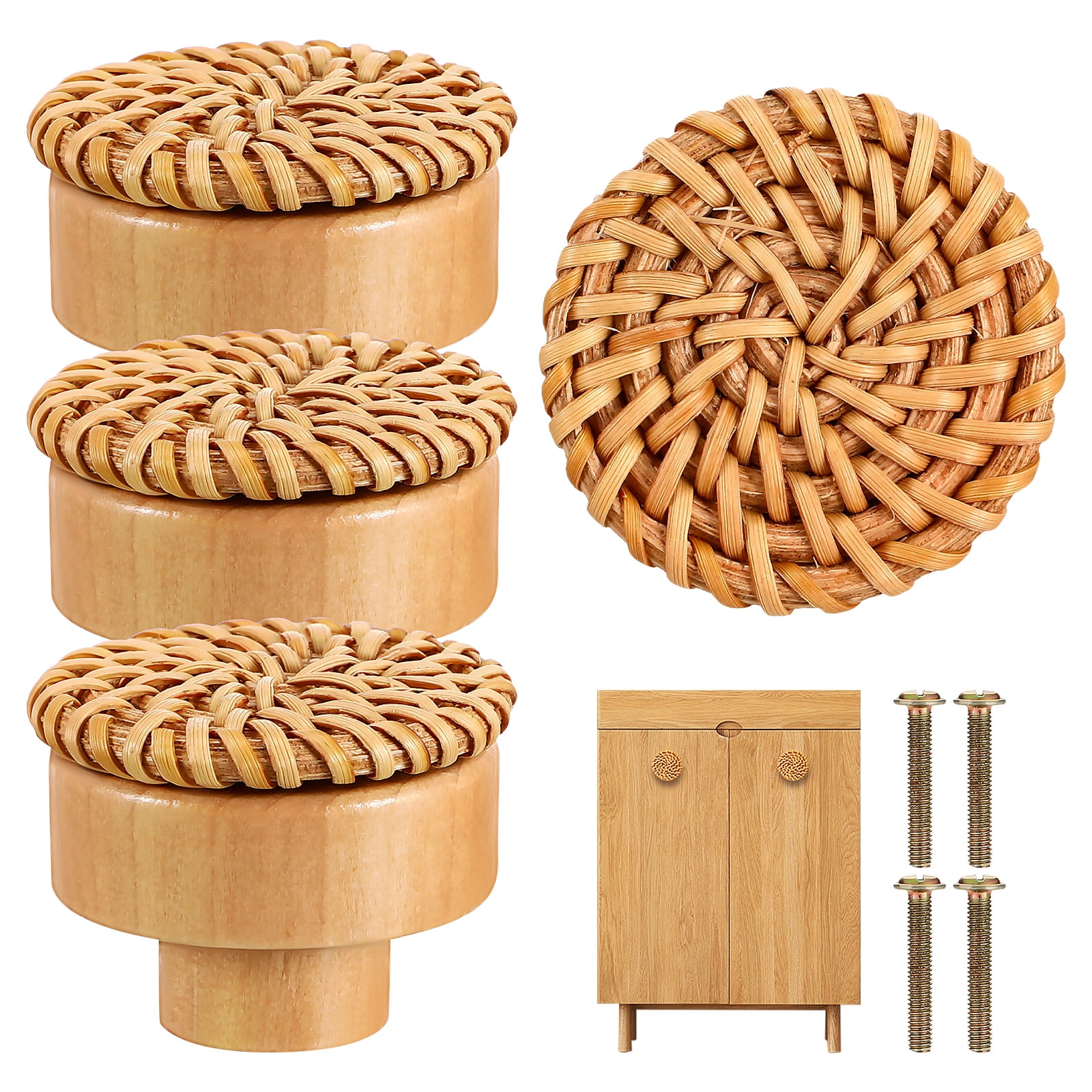 HOMEMAXS 4 Pcs Boho Rattan Wooden Dresser Drawer Knobs Woven Pulls for ...