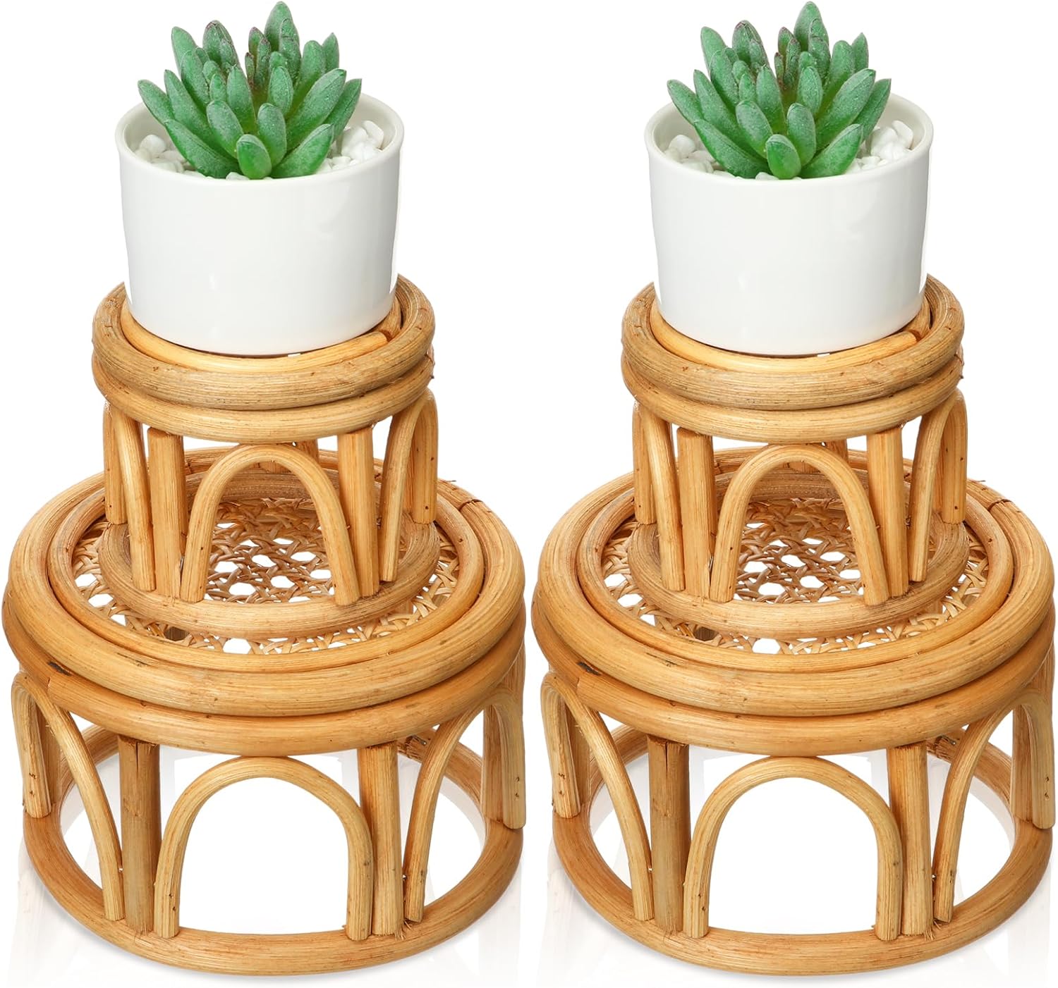 4 Pcs Boho Rattan Plant Stand Woven Wicker Round Riser Stand Indoor Rustic Farmhouse Natural ...