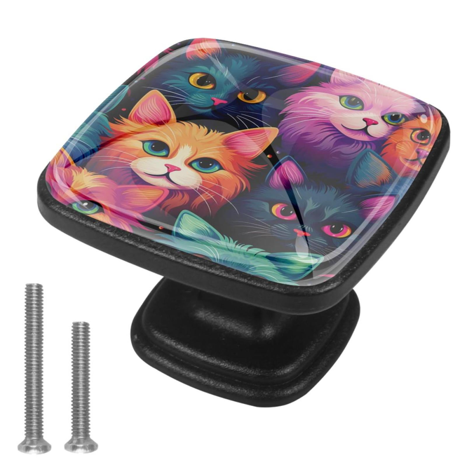 4 Pcs Cabinet Handle Drawer Pulls Cartoon Cat Knobs with Screws Square ...