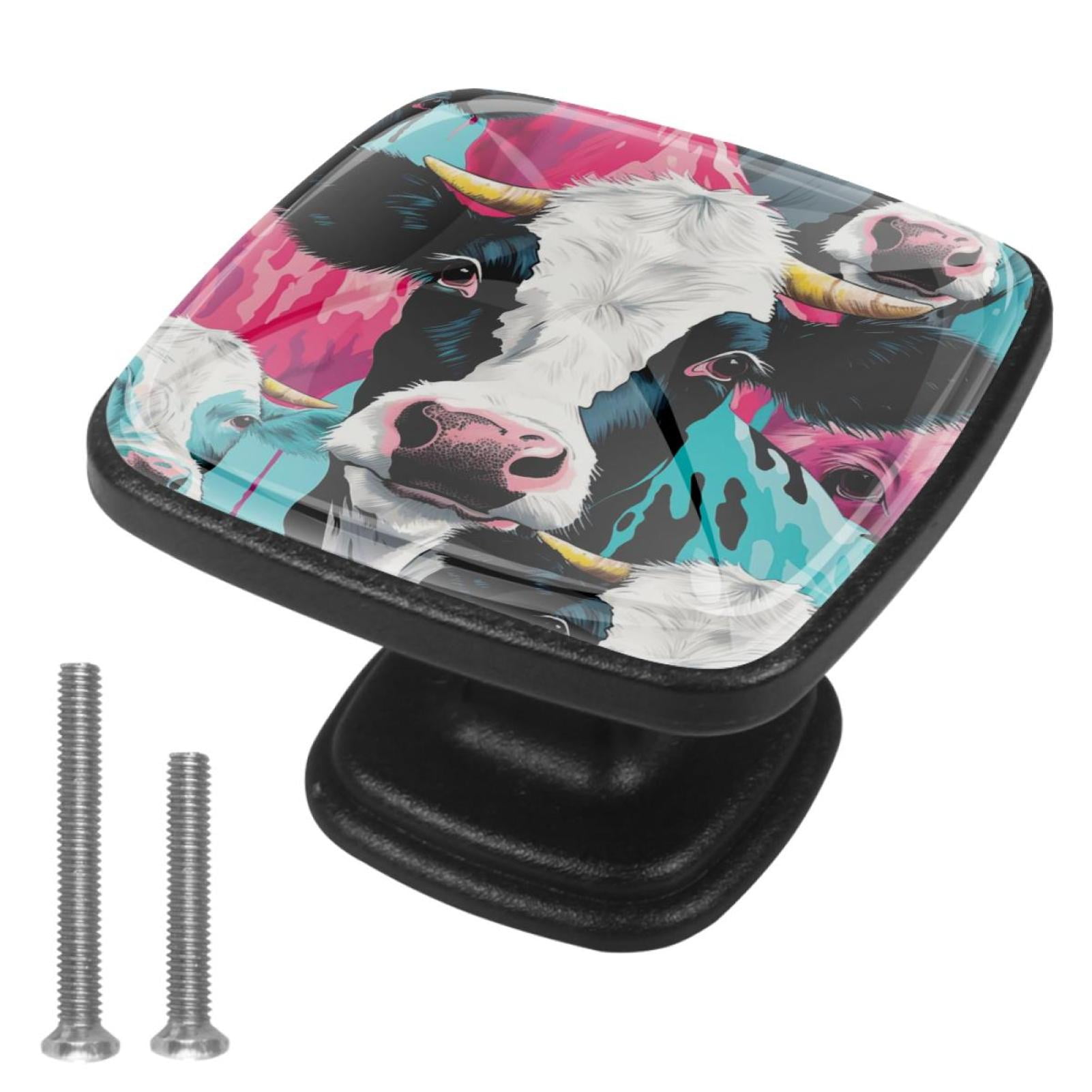 4 Pcs Cabinet Handle Drawer Pulls Cartoon Cow Knobs with Screws Square ...