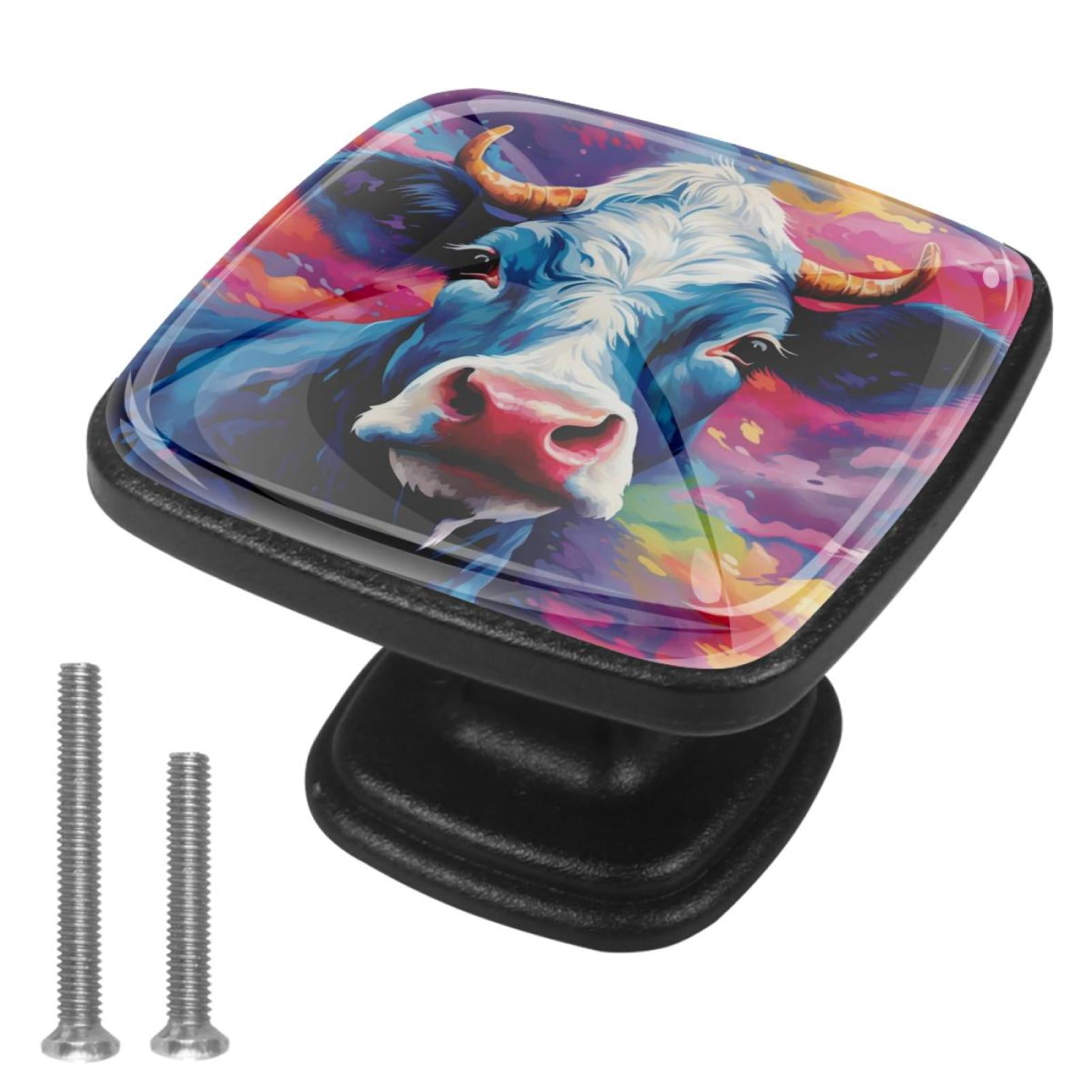 4 Pcs Cabinet Handle Drawer Pulls Cartoon Cow Knobs with Screws Square ...