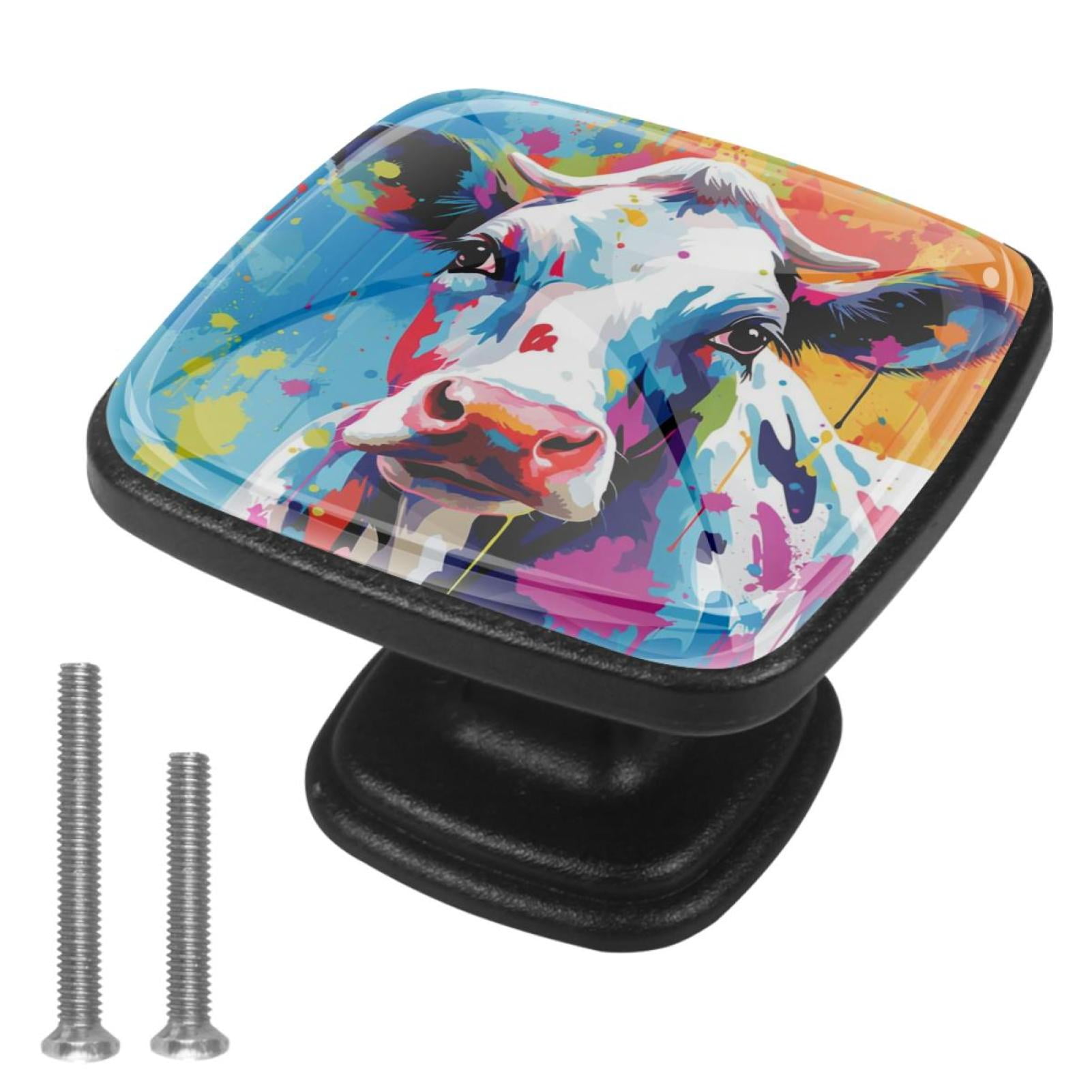 4 Pcs Cabinet Handle Drawer Pulls Cartoon Cow Knobs with Screws Square ...