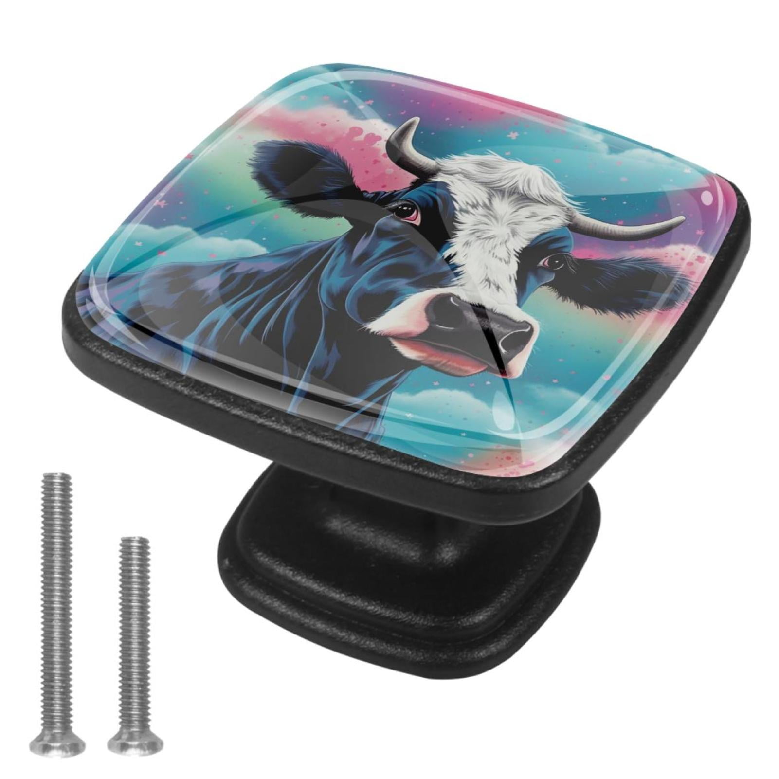 4 Pcs Cabinet Handle Drawer Pulls Cartoon Cow Knobs with Screws Square ...