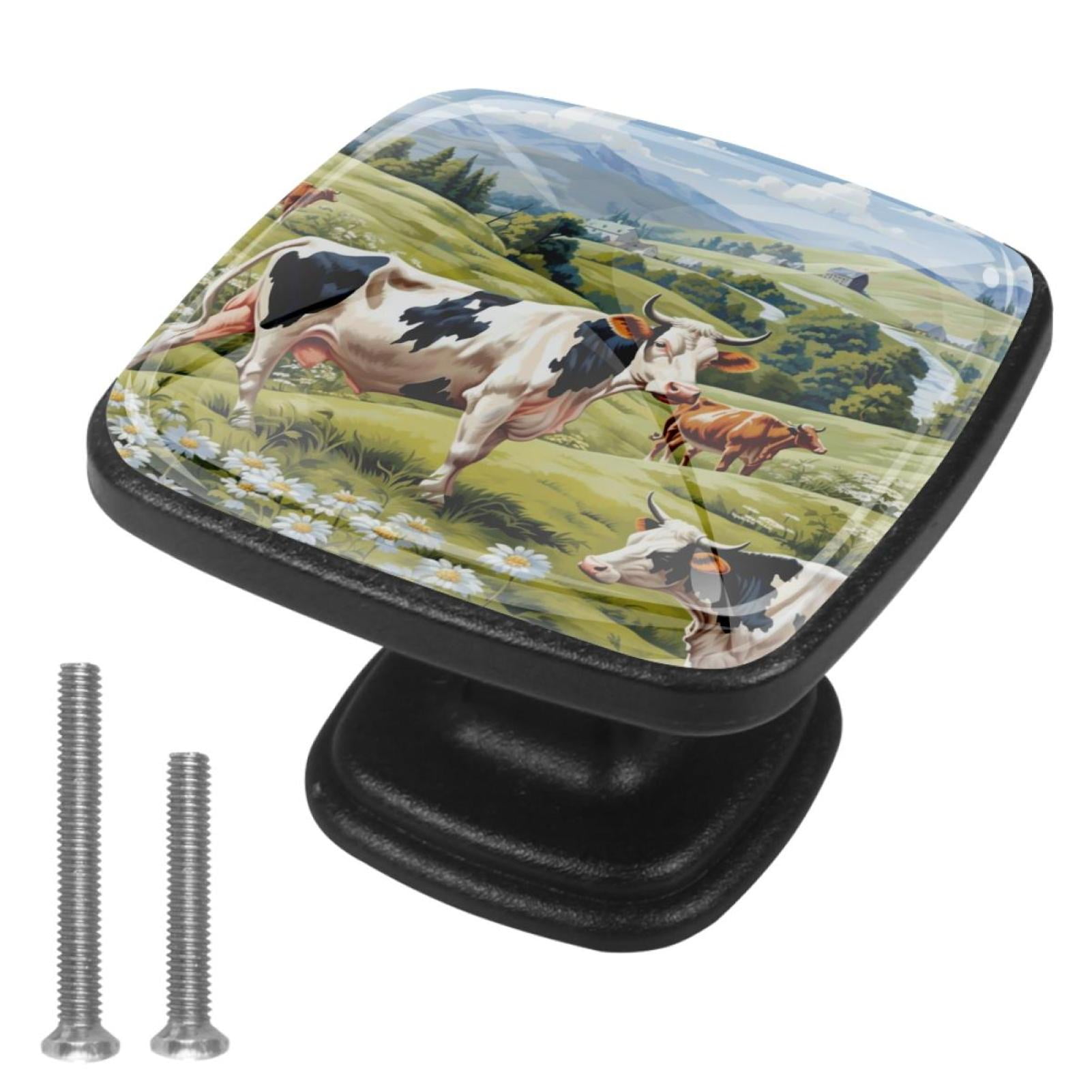 4 Pcs Cabinet Handle Drawer Pulls Cartoon Cow Knobs with Screws Square ...
