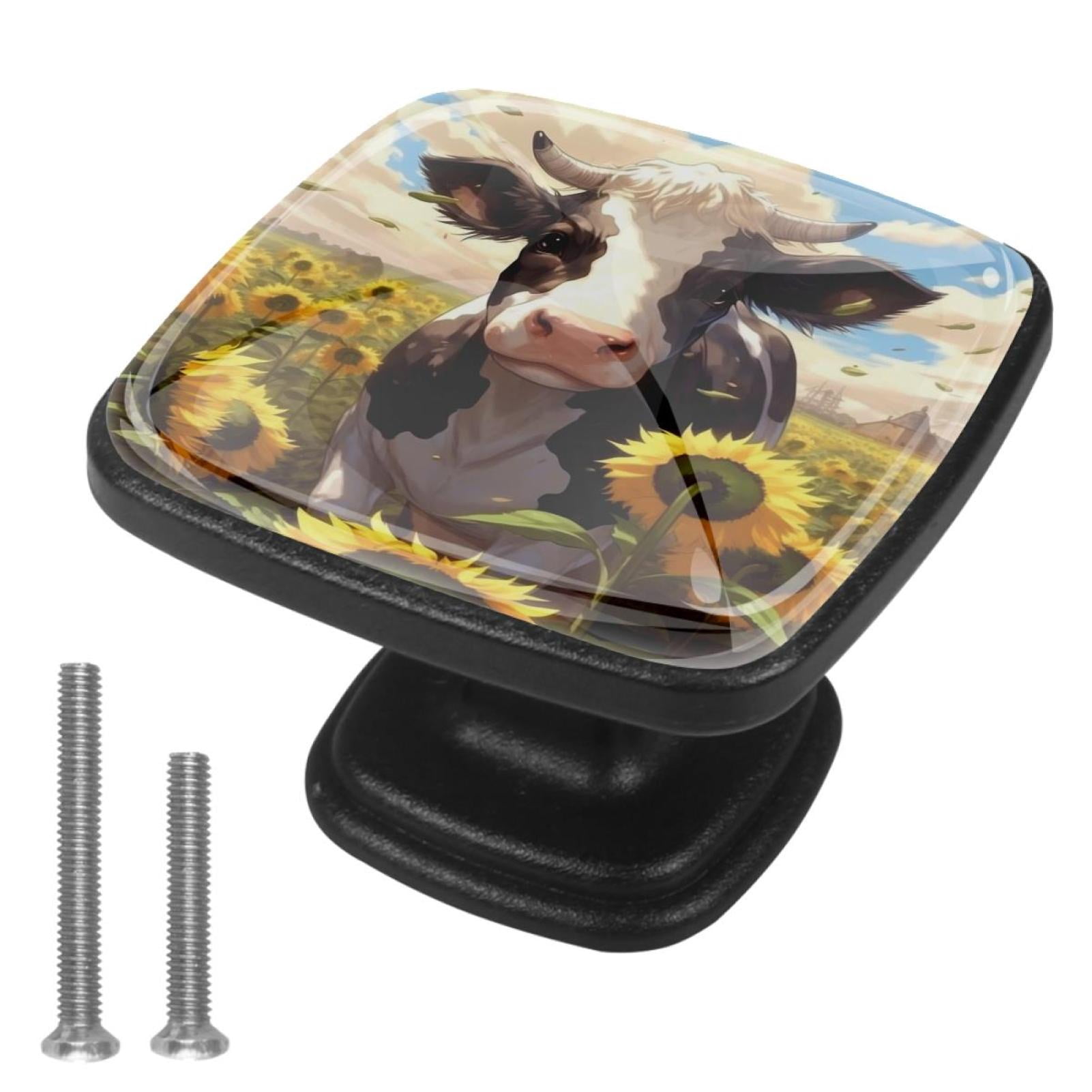 4 Pcs Cabinet Handle Drawer Pulls Cow and Sunflower Knobs with Screws ...