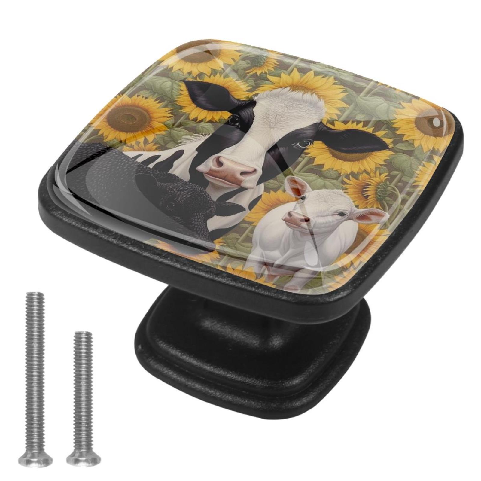 4 Pcs Cabinet Handle Drawer Pulls Cow and Sunflower Knobs with Screws ...