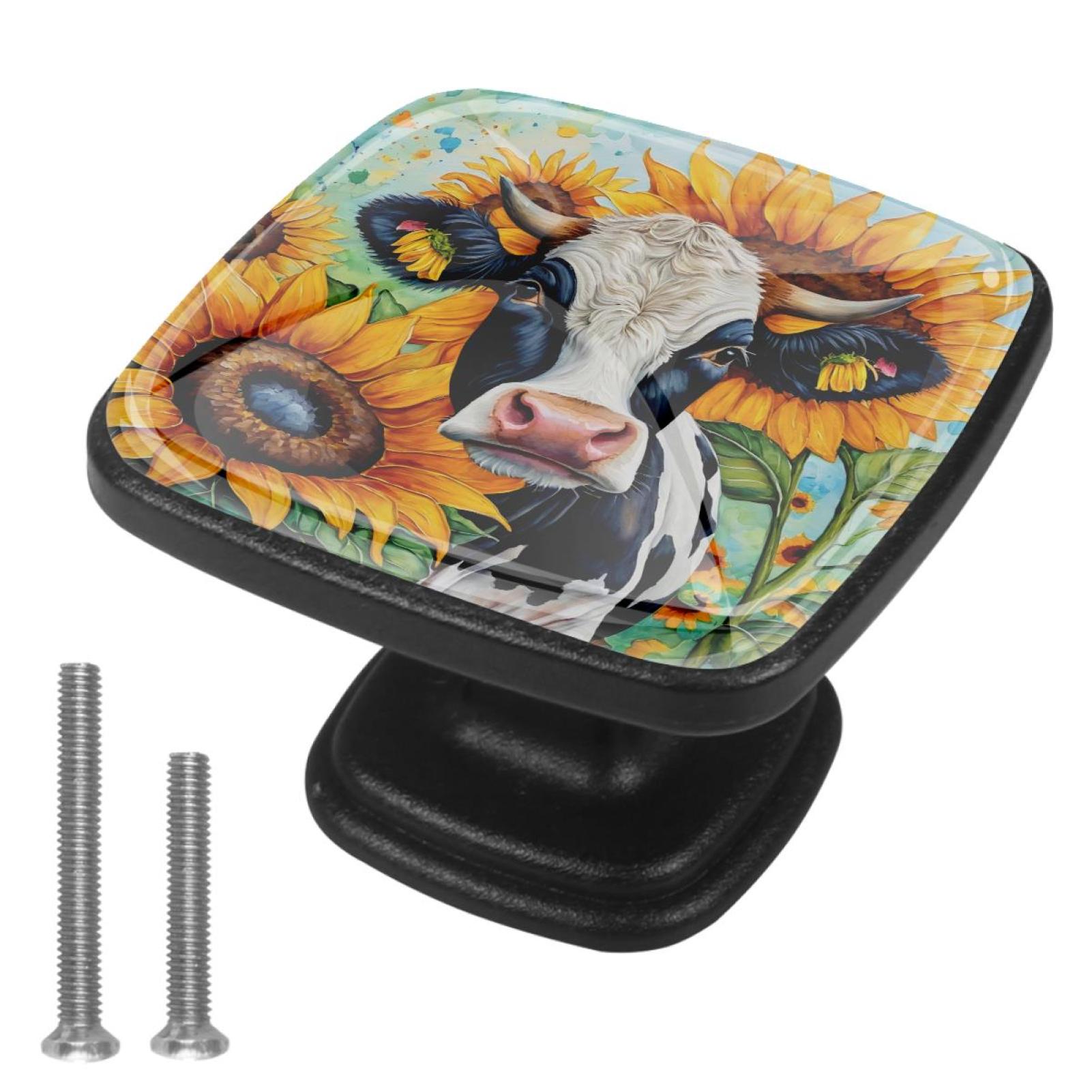 4 Pcs Cabinet Handle Drawer Pulls Cow and Sunflower Knobs with Screws ...