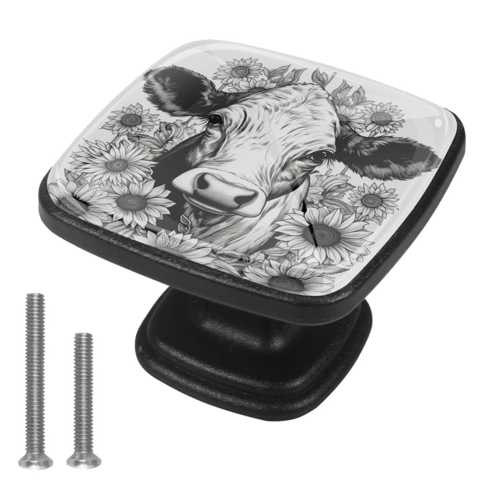 4 Pcs Cabinet Handle Drawer Pulls Cow and Sunflower Knobs with Screws Square Furniture Office ...