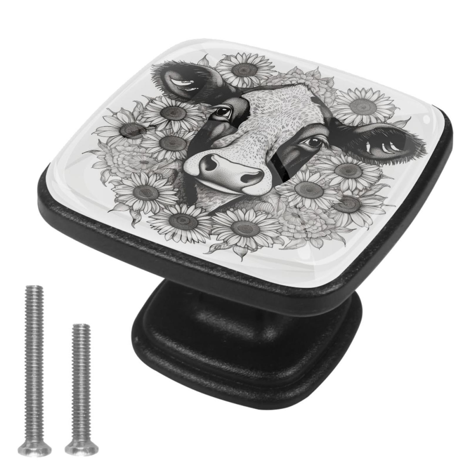 4 Pcs Cabinet Handle Drawer Pulls Cow and Sunflower Knobs with Screws ...