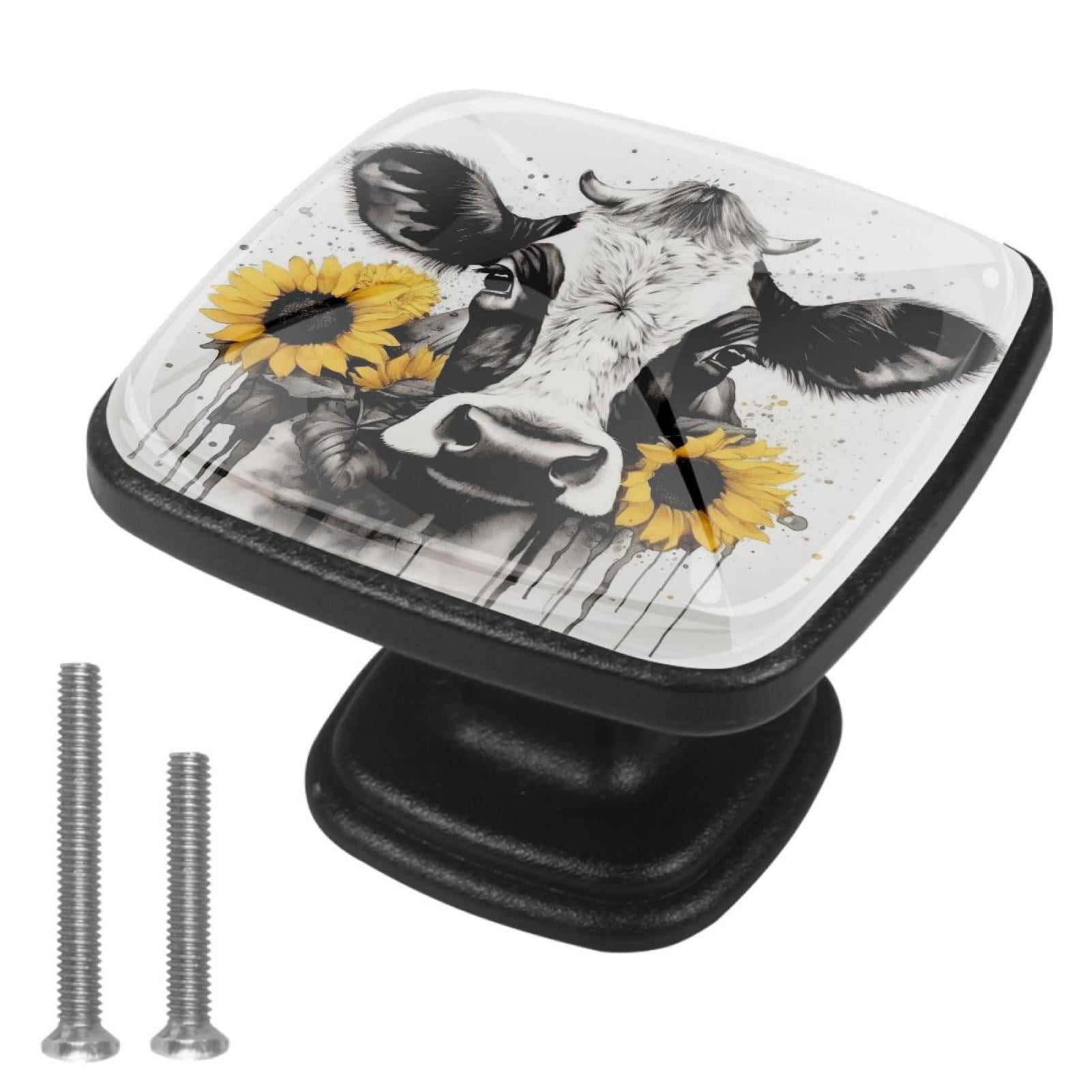 4 Pcs Cabinet Handle Drawer Pulls Cow and Sunflower Knobs with Screws ...