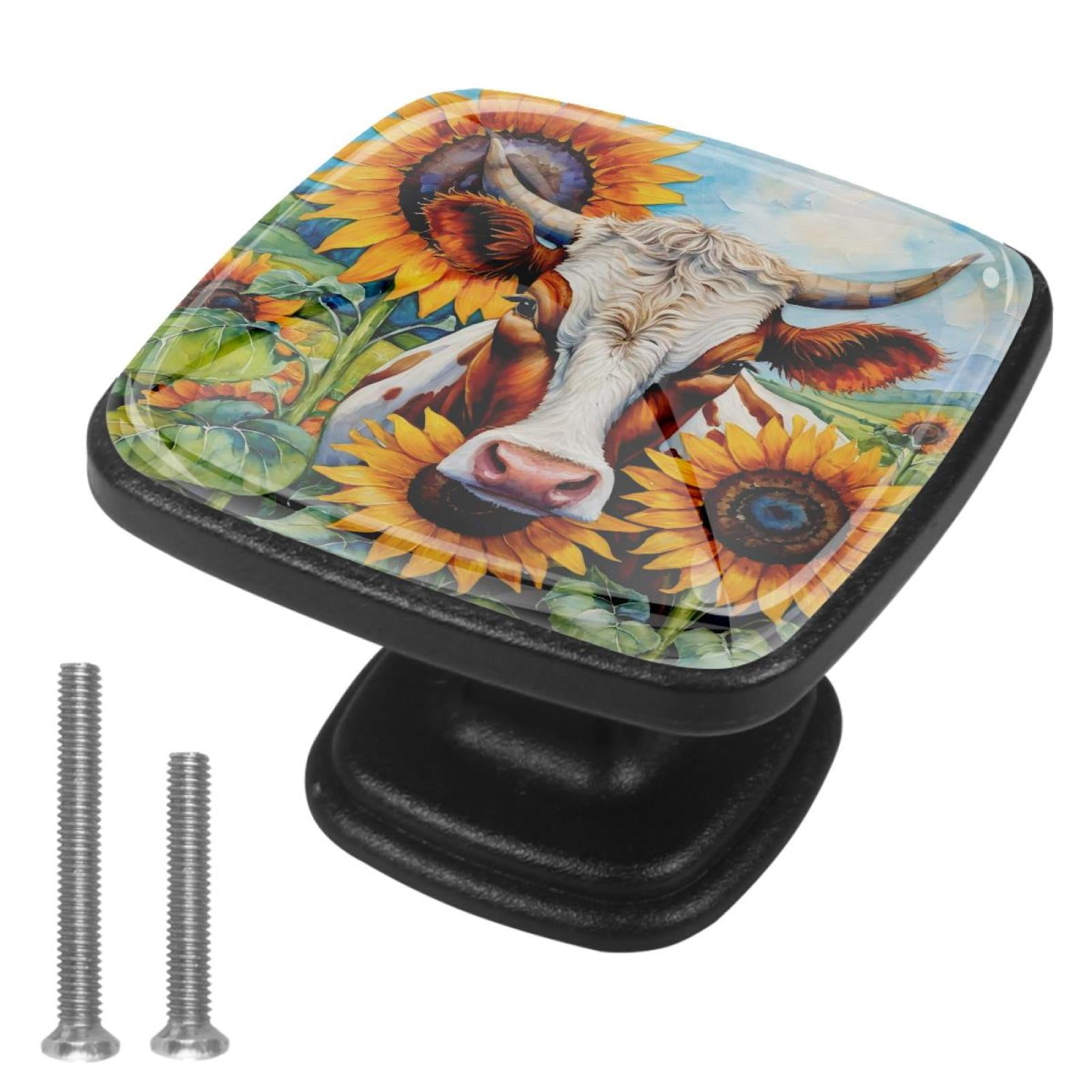 4 Pcs Cabinet Handle Drawer Pulls Cow and Sunflower Knobs with Screws ...
