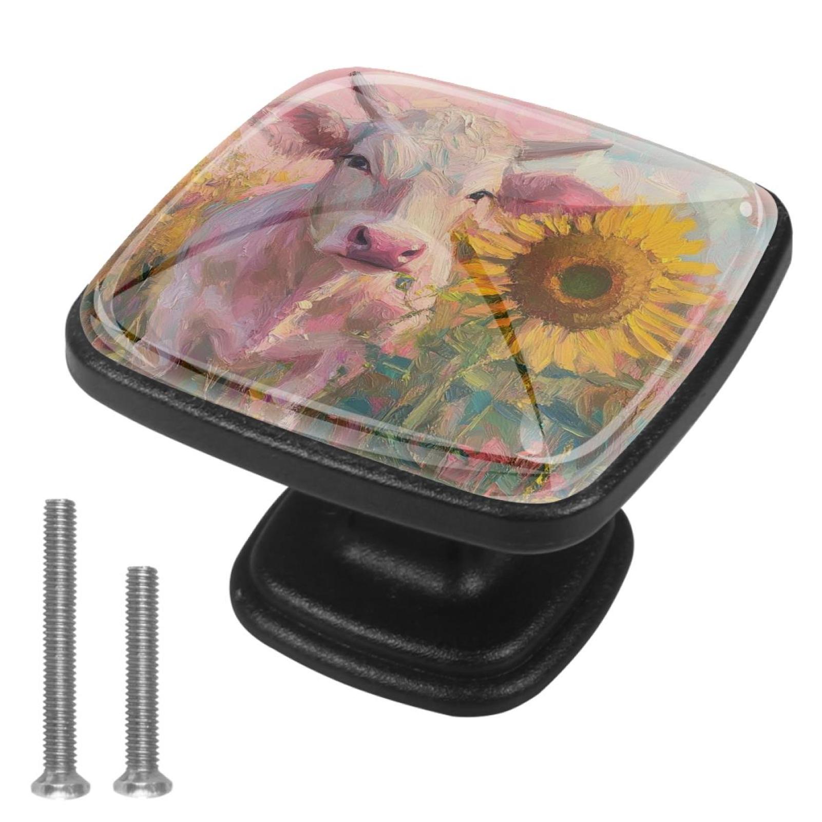 4 Pcs Cabinet Handle Drawer Pulls Cow and Sunflower Knobs with Screws ...