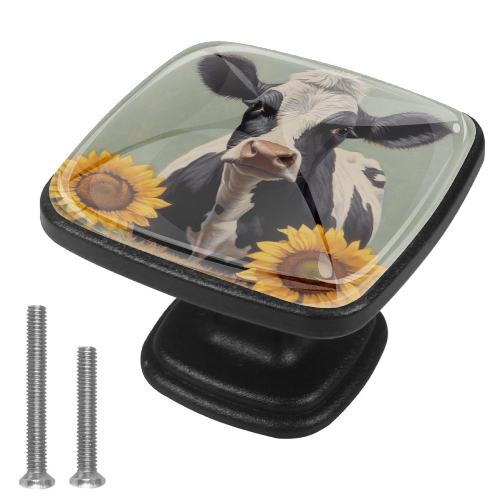 4 Pcs Cabinet Handle Drawer Pulls Cow and Sunflower Knobs with Screws ...
