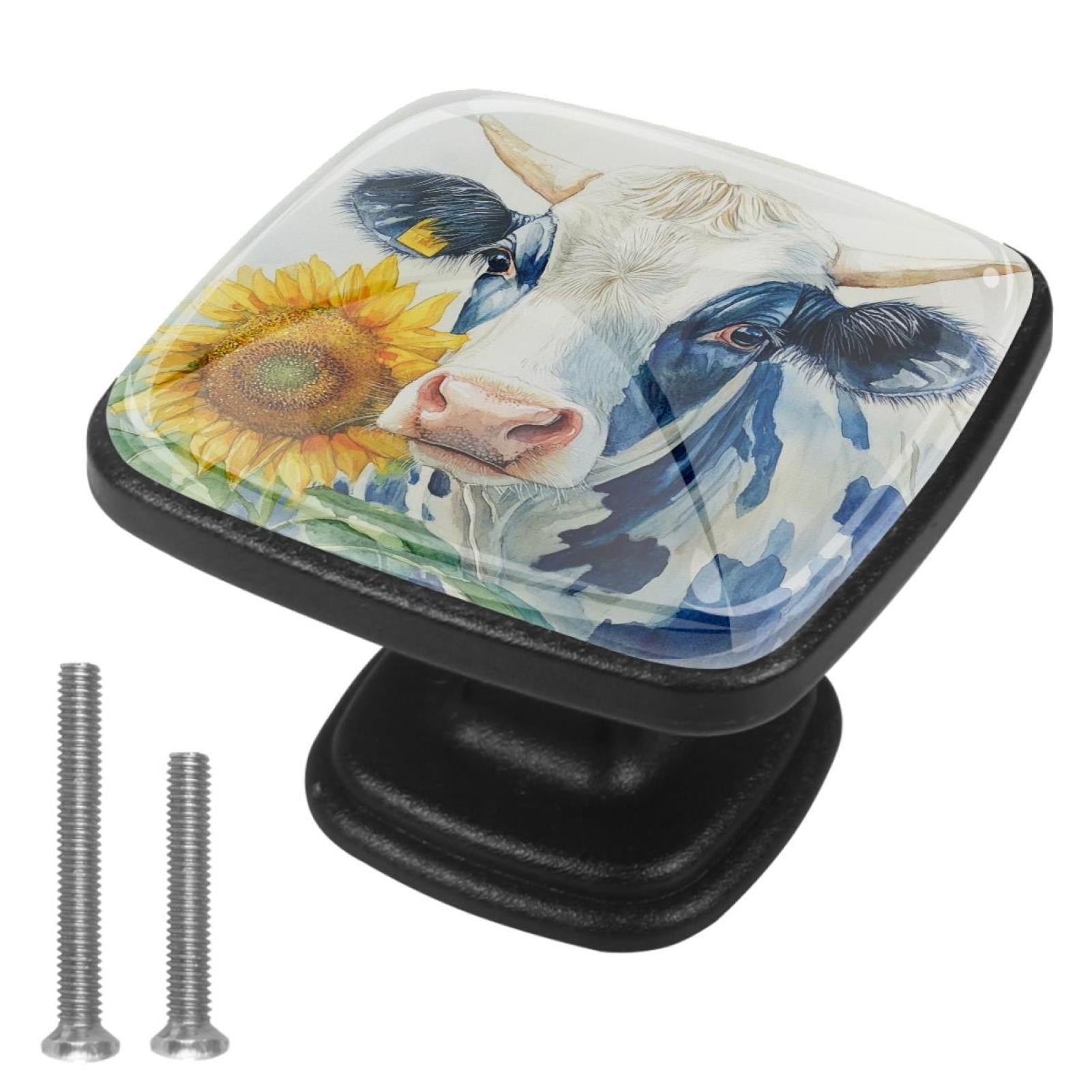 4 Pcs Cabinet Handle Drawer Pulls Cow and Sunflower Knobs with Screws ...