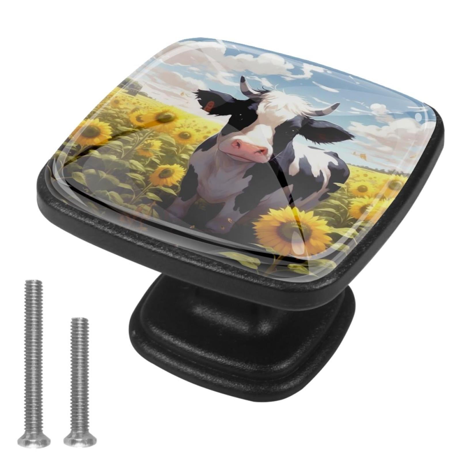 4 Pcs Cabinet Handle Drawer Pulls Cow and Sunflower Knobs with Screws ...