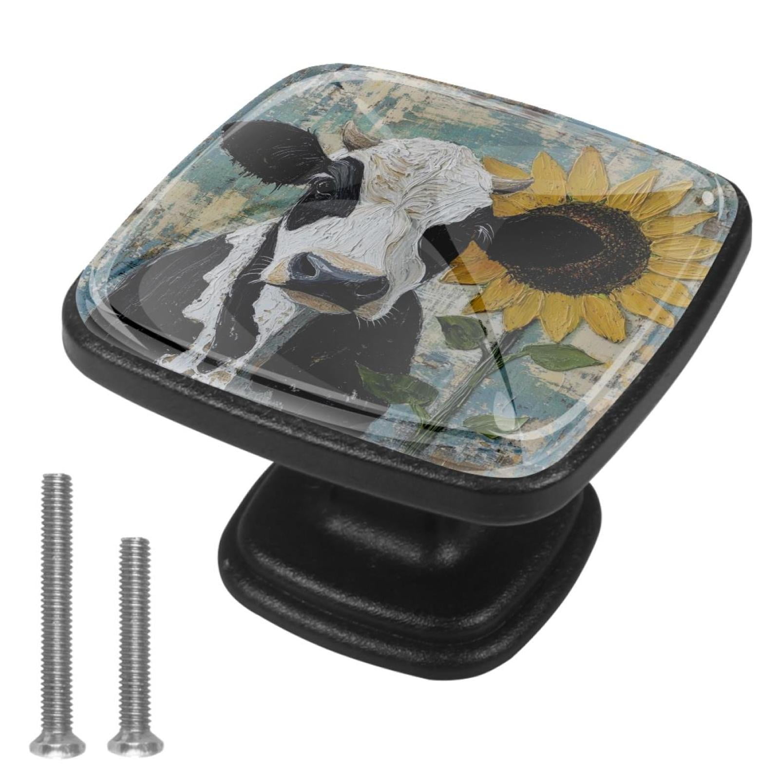 4 Pcs Cabinet Handle Drawer Pulls Cow and Sunflower Knobs with Screws ...