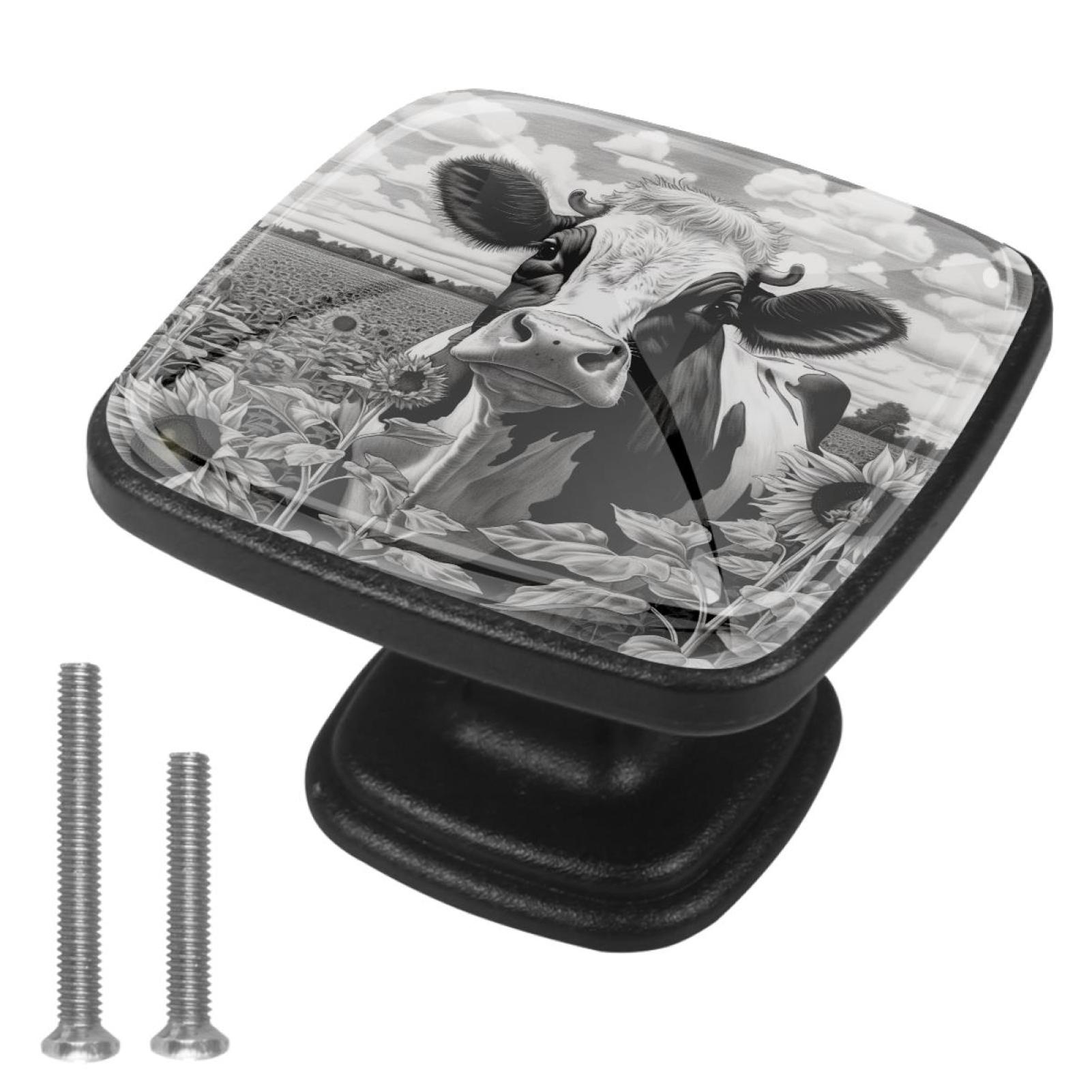 4 Pcs Cabinet Handle Drawer Pulls Cow and Sunflower Knobs with Screws ...