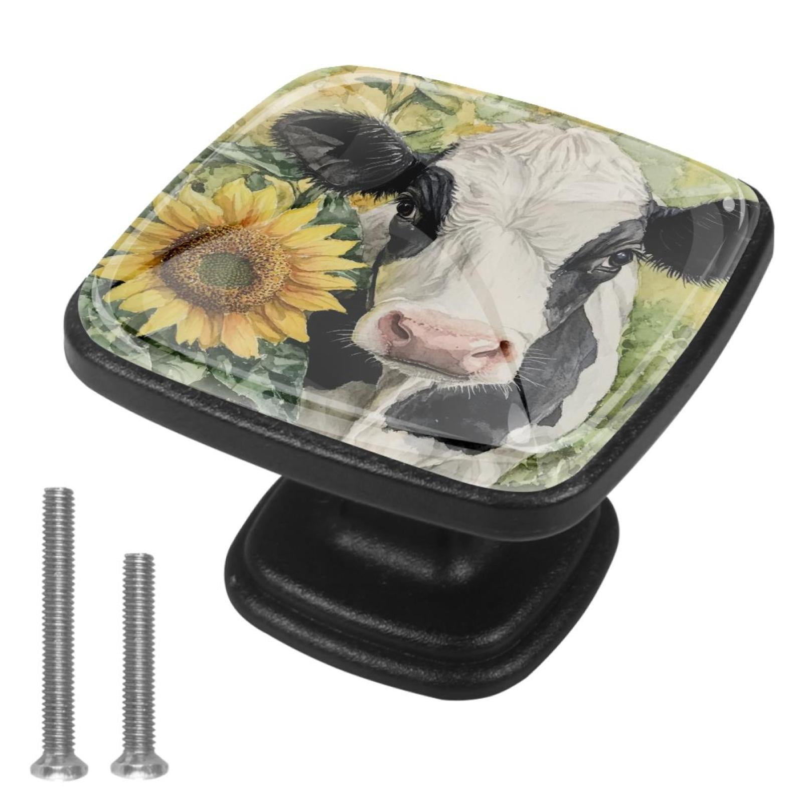 4 Pcs Cabinet Handle Drawer Pulls Cow and Sunflower Knobs with Screws ...