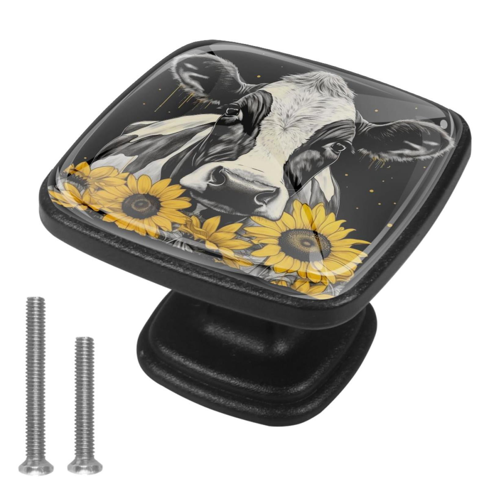 4 Pcs Cabinet Handle Drawer Pulls Cow and Sunflower Knobs with Screws ...