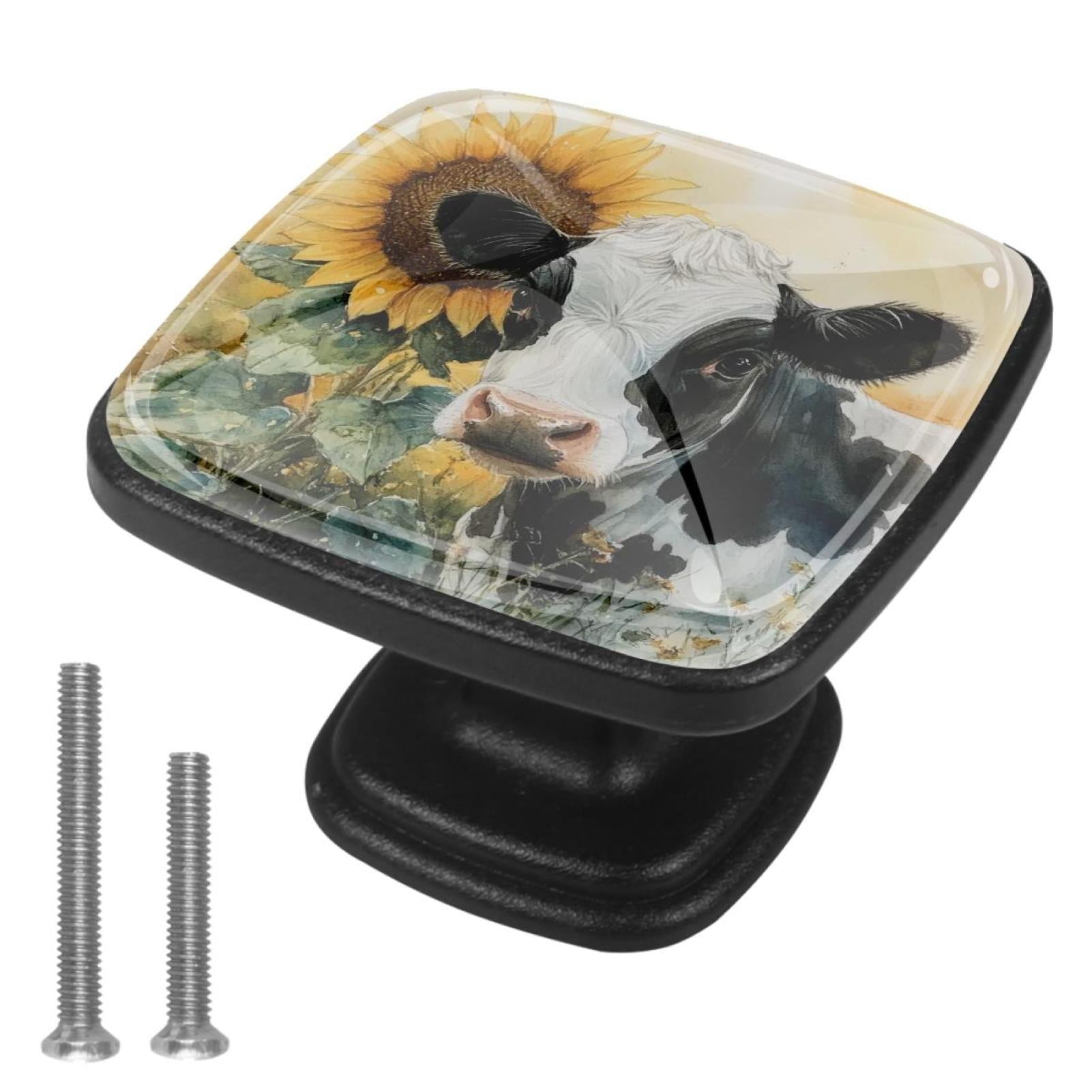 4 Pcs Cabinet Handle Drawer Pulls Cow and Sunflower Knobs with Screws ...