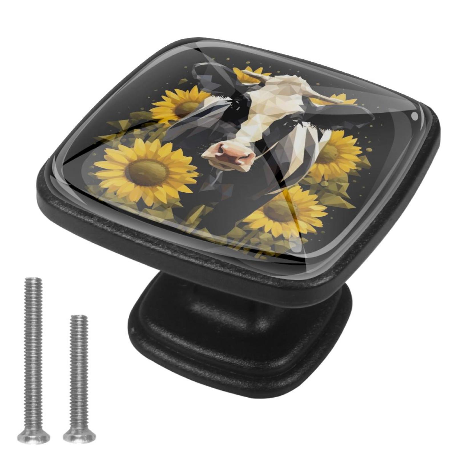 4 Pcs Cabinet Handle Drawer Pulls Cow and Sunflower Knobs with Screws ...