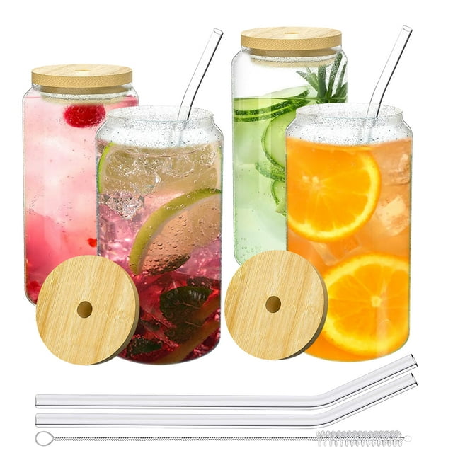 4 Pcs Can Shaped Glass Cups with Bamboo Lids, 16oz Drinking Glasses ...