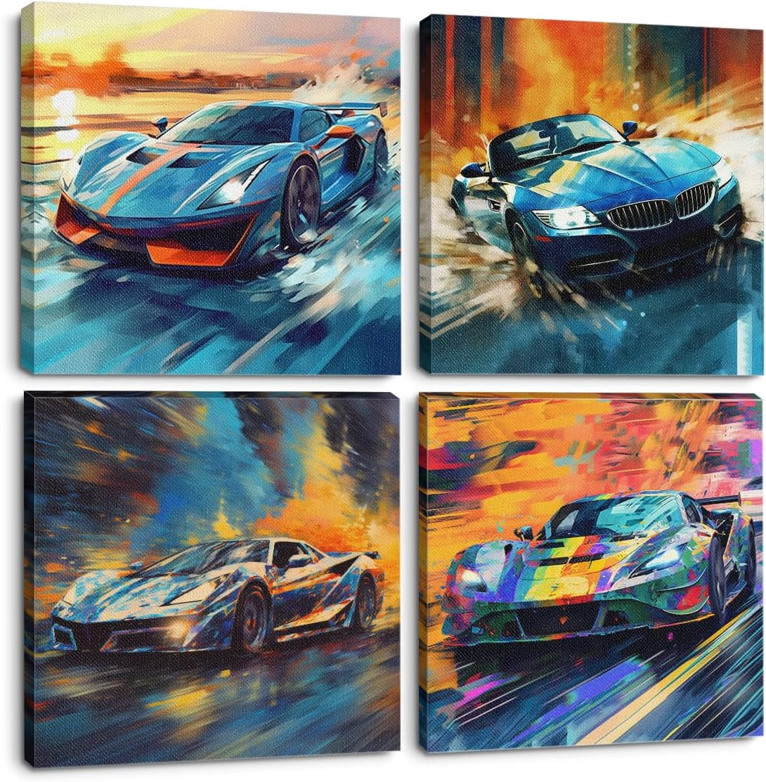 4 Pcs Car Wall Art Framed Art Race Car Wall Decor Car Gifts Garage ...