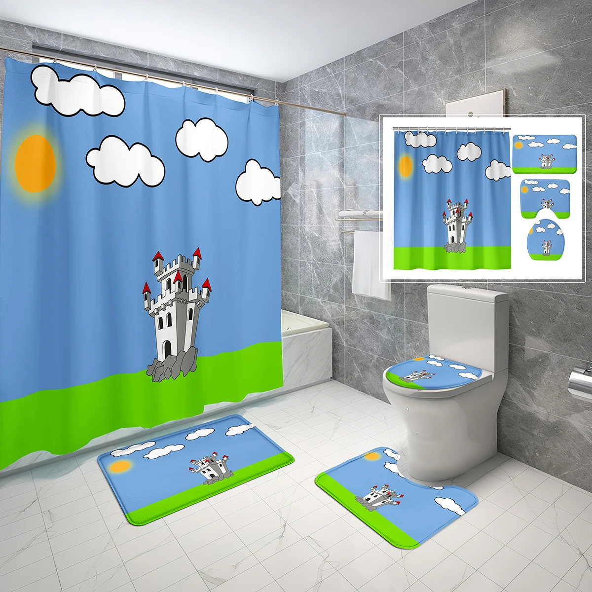 4 Pcs Cartoon Castle Shower Curtain Set Fantasy Magic Kingdom Shower ...