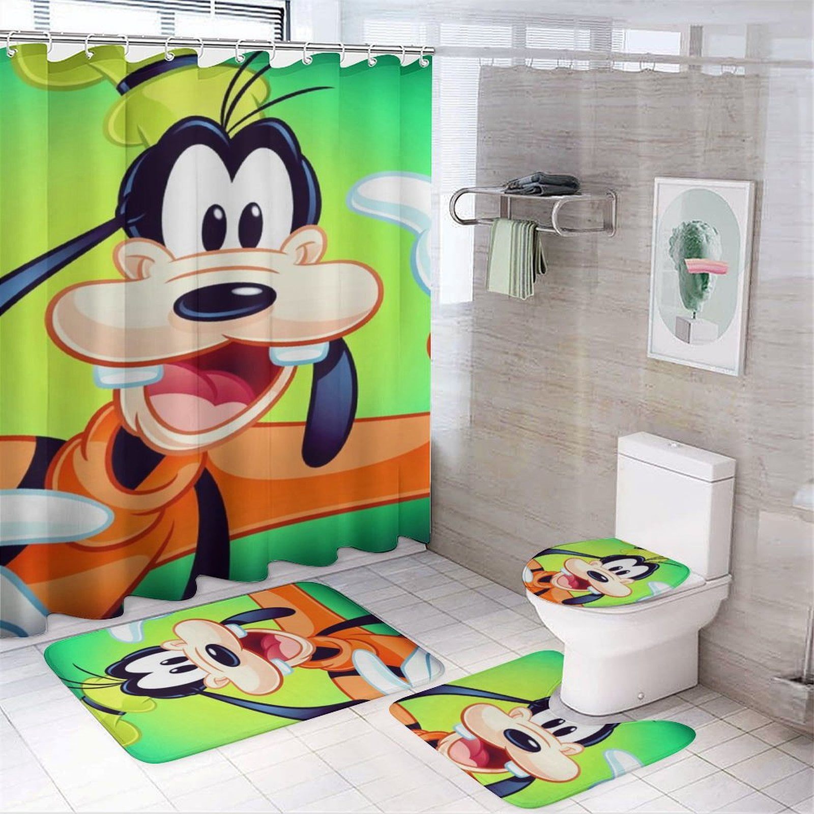 4 Pcs Cartoon Goofy Shower Curtain Sets with Non-Slip Rugs, Toilet Lid ...