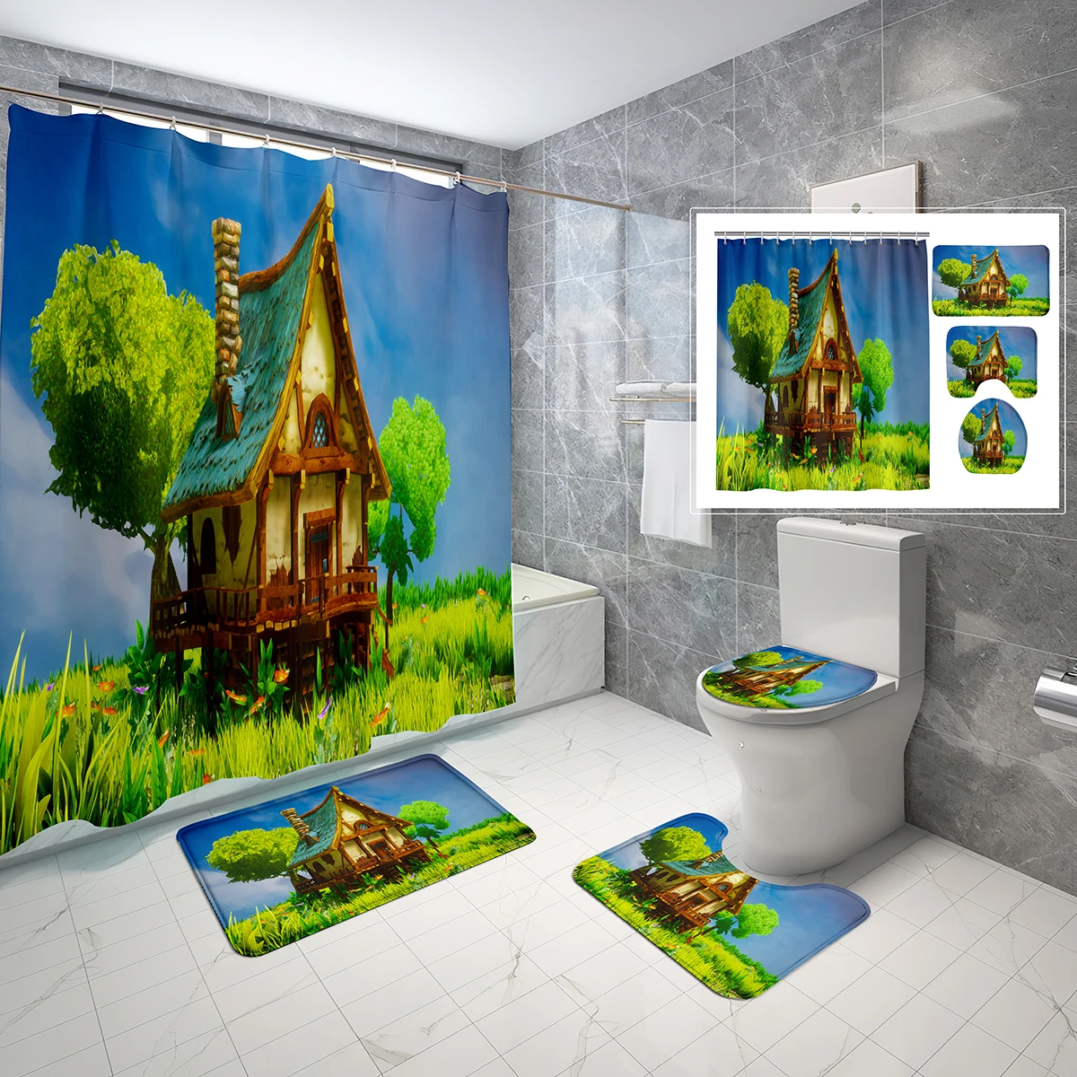4 Pcs Cartoon Hedge House Shower Curtain Sets with Toilet Lid Cover and ...