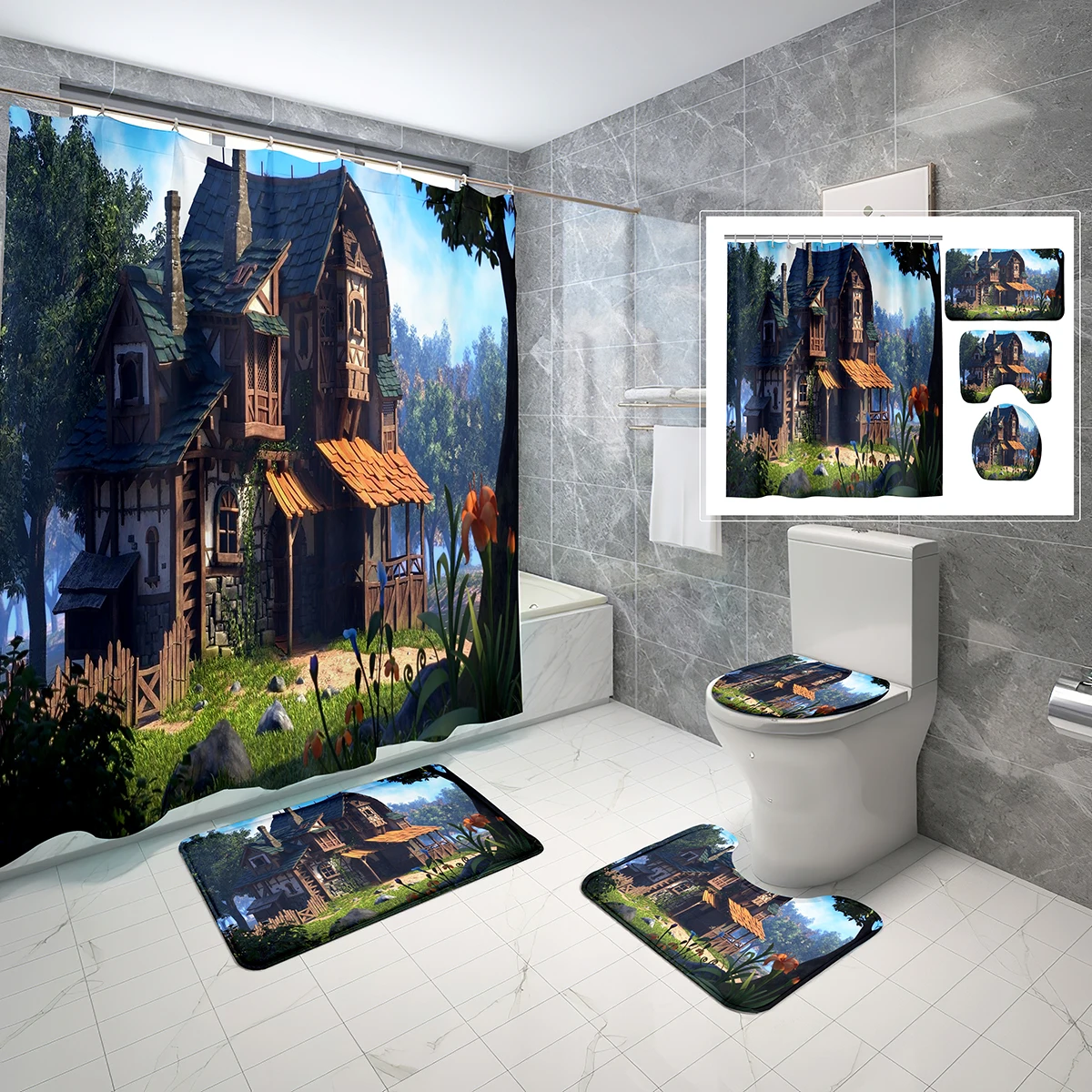 4 Pcs Cartoon Hedge House Shower Curtain Sets with Toilet Lid Cover and ...