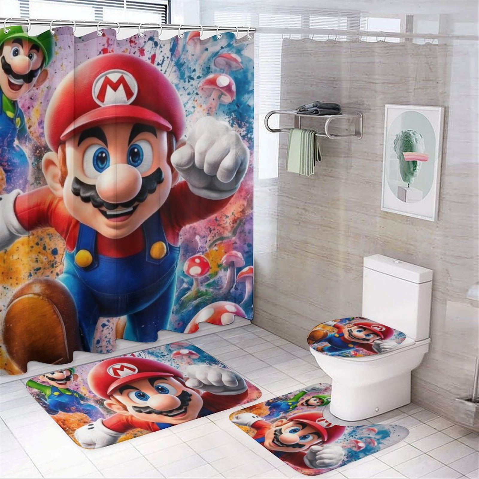 4 Pcs Cartoon Mario Shower Curtain Set with Rugs,Toilet Lid Cover, Bath ...