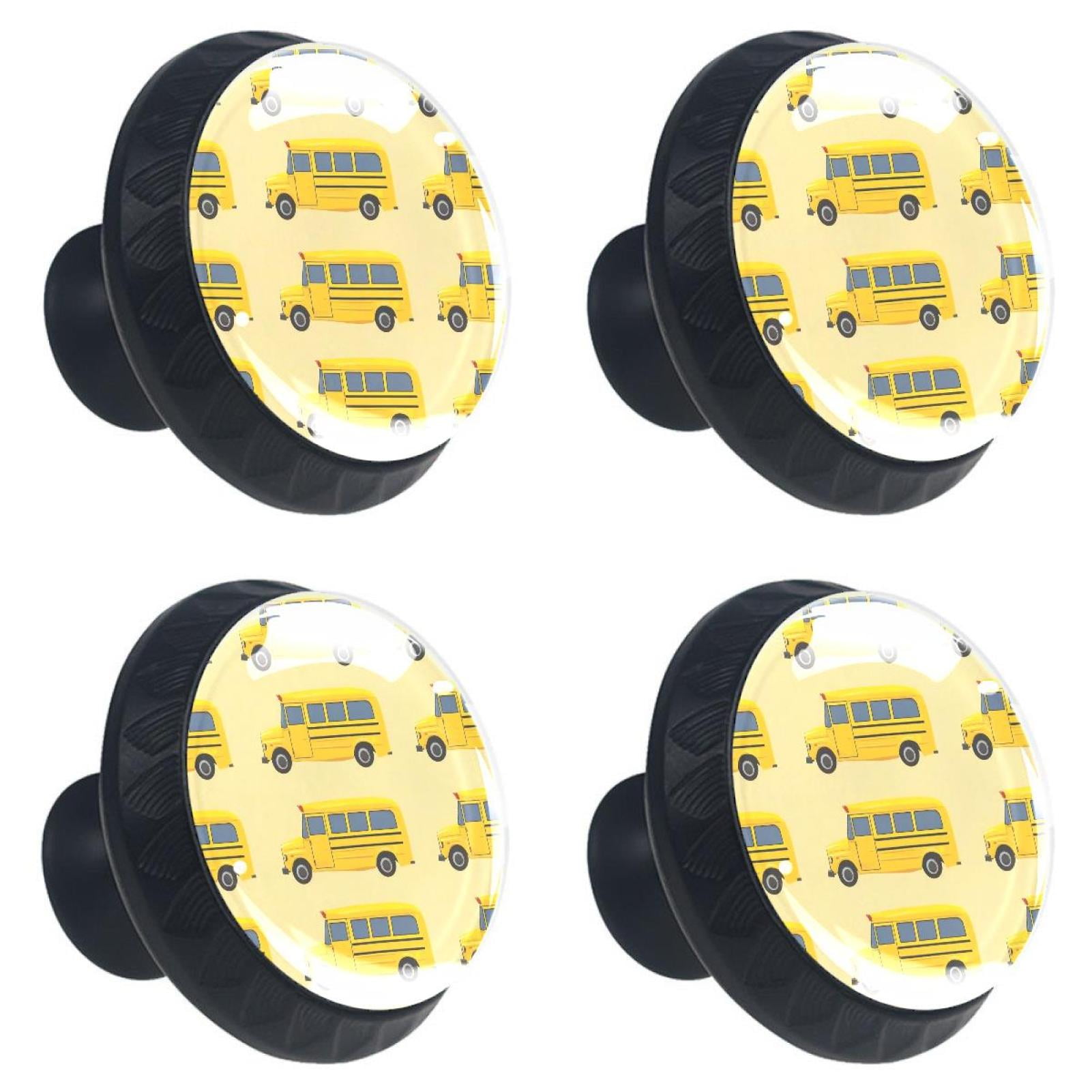 4 Pcs Cartoon School Bus Print Cabinet Knobs 30mm Round Crystal Glass ...