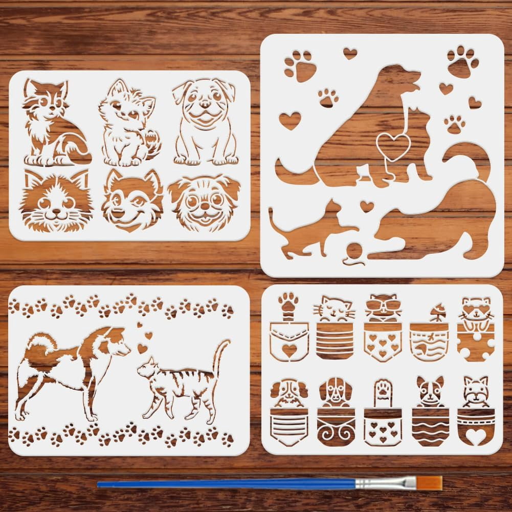 4 Pcs Cat Dog Painting Stencil with Brush 2 Size Cute Cat and Dog Head ...