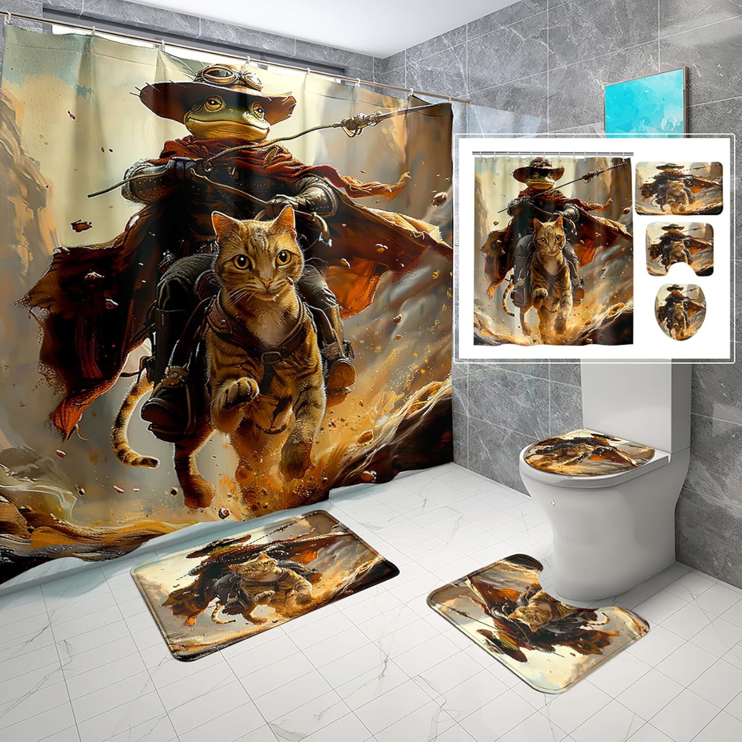 4 Pcs Cat Shower Curtain Set - Funny Cat Riding Bird Shower Curtain ...
