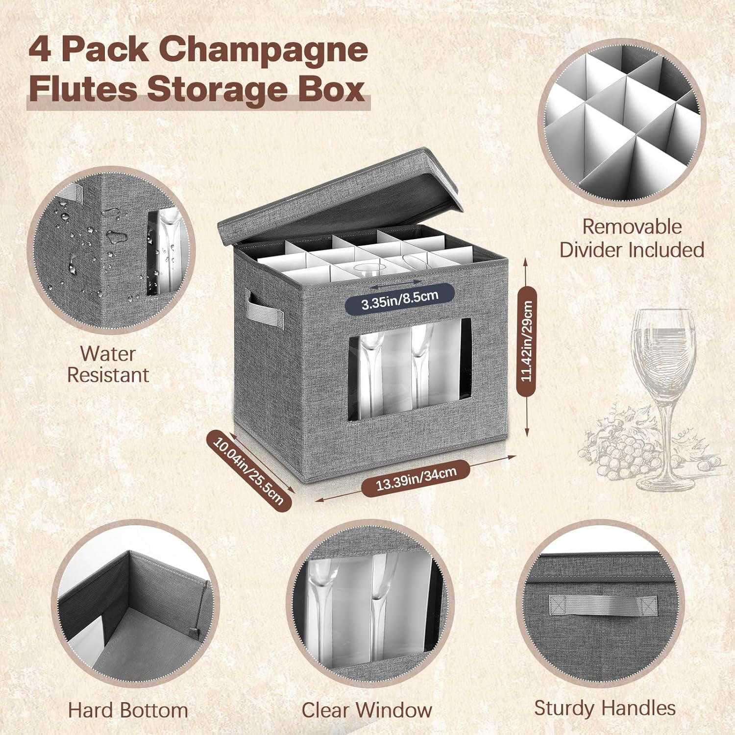 4 Pcs Champagne Flute Storage Box with Dividers 12 Compartment Stemware ...