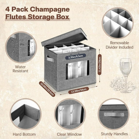 4 Pcs Champagne Flute Storage Box with Dividers 12 Compartment Stemware ...