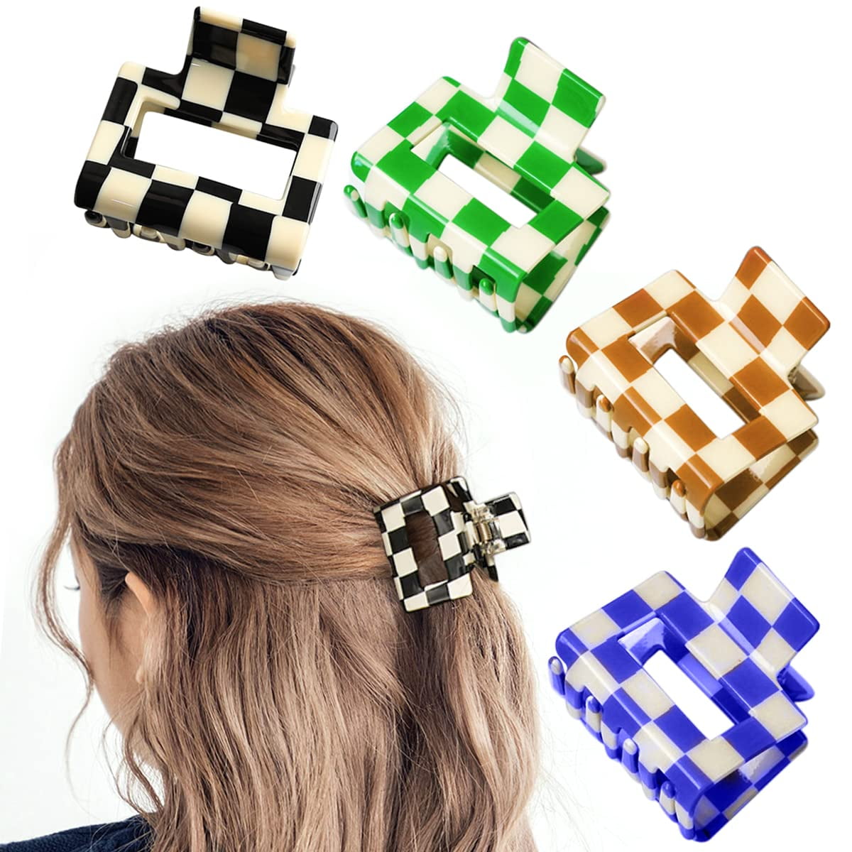 4 Pcs Checkered Hair Claw Clips Square Checker Barrettes 2" Medium Cute ...