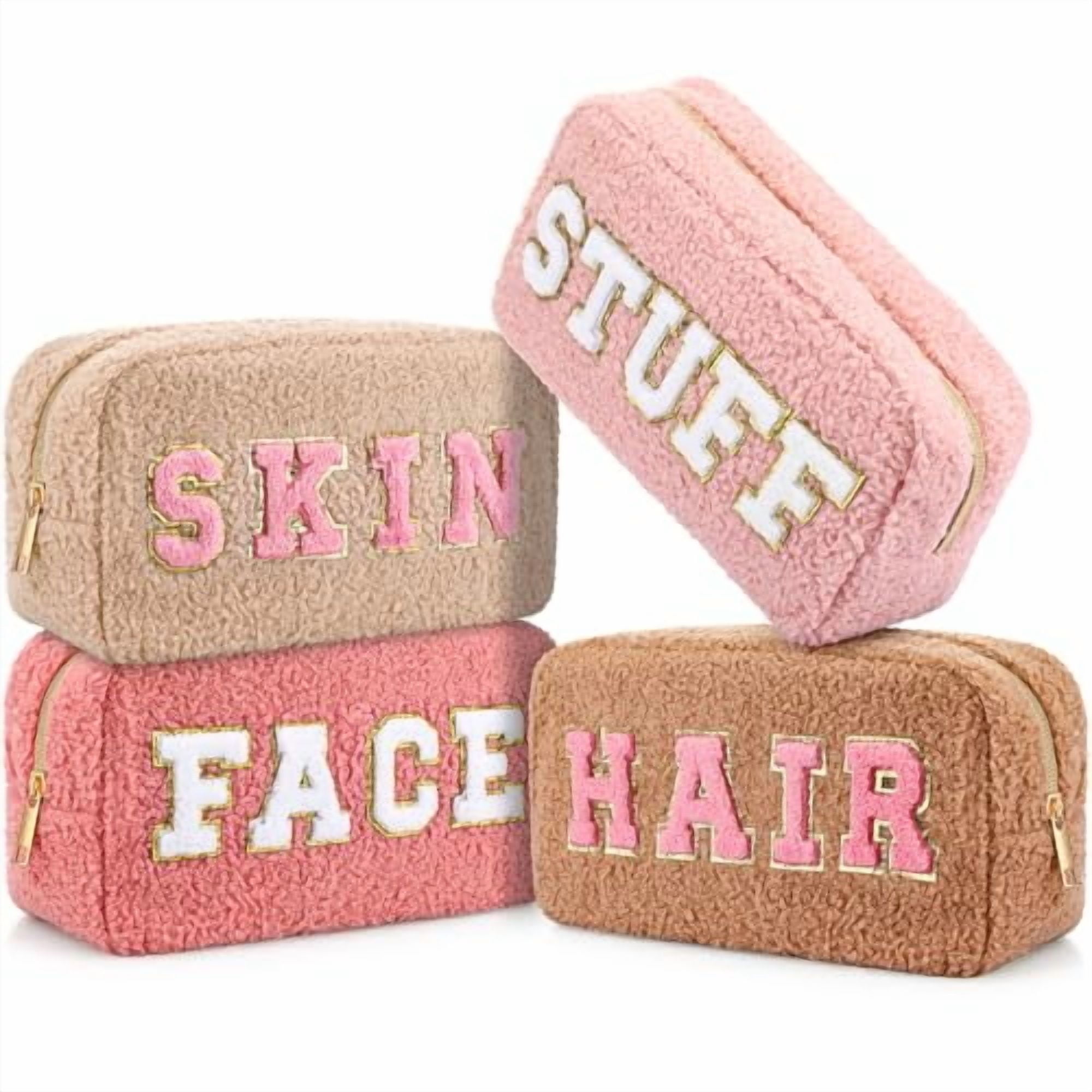 4 Pcs Chenille Letter Preppy Patches Makeup Bag Plush Fuzzy Makeup ...