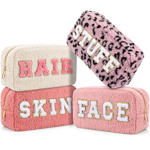 4 Pcs Chenille Letter Preppy Patches Makeup Bag Plush Fuzzy Makeup ...