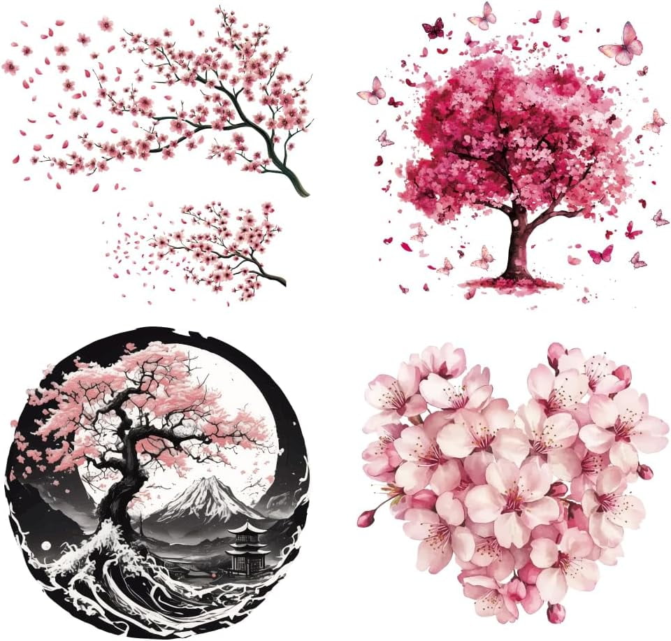 4 Pcs Cherry Theme Iron on Decals Patches Japanese Style Cherry Blossom ...