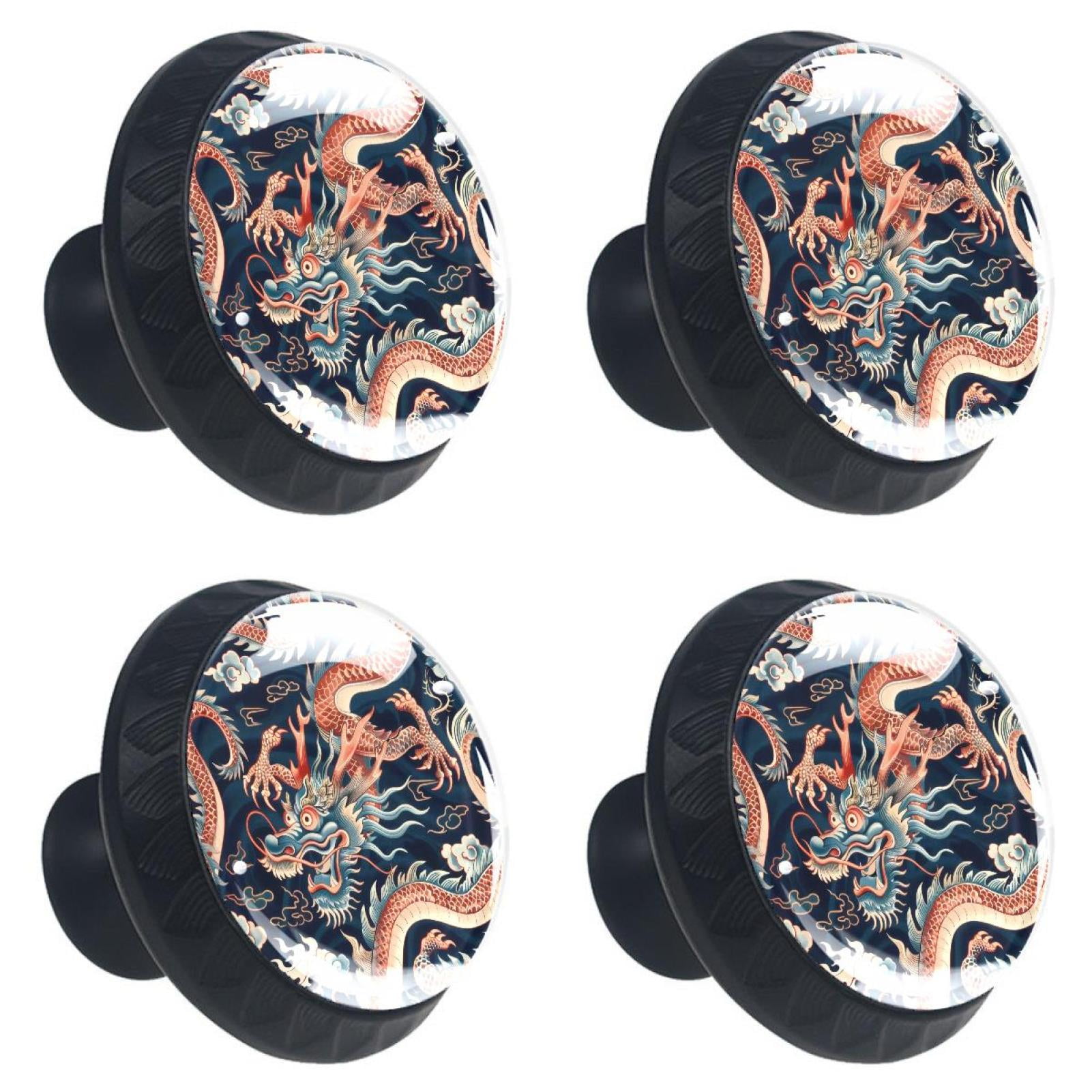 4 Pcs Chinese Dragon Print Cabinet Knobs 30mm Round Crystal Glass ...