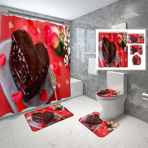 4 Pcs Chocolate Shower Curtain Sets with Toilet Lid Cover and Non-slip ...